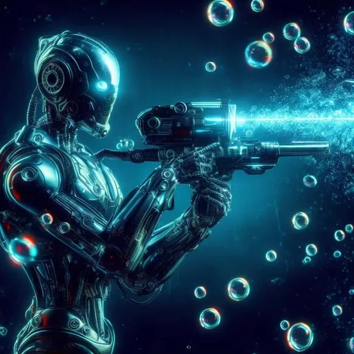 A cyborg shooting bioluminescent bubbles out of a fu...