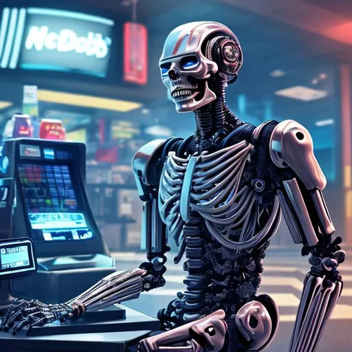 robo-cop skeleton, cyber punk, working at McDonalds