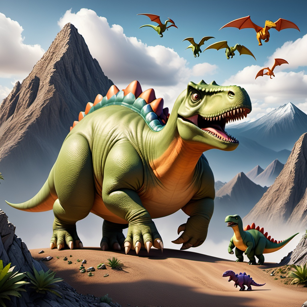 Fat small dinosaur walking on top of the mountains a...