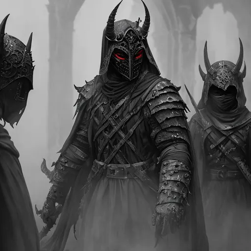 Mystical photo of masked demons in rugged gear, enga... | OpenArt