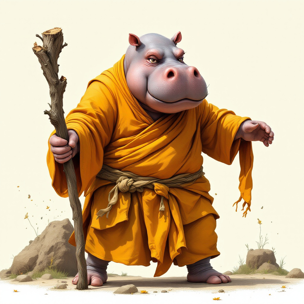 anthropomorphic great fat hippopotamus monk in orang...