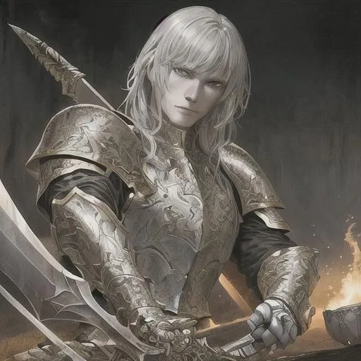Bloodied dying Knight armor on knees surrounded by t... | OpenArt