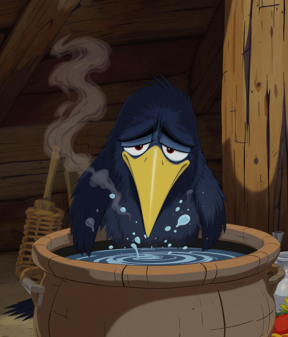 An animated image of a crow who was looking poor and...