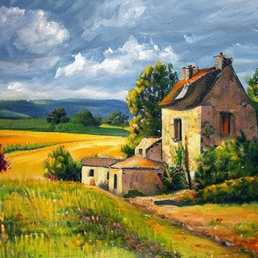 painting, french countryside, small village, vast co...