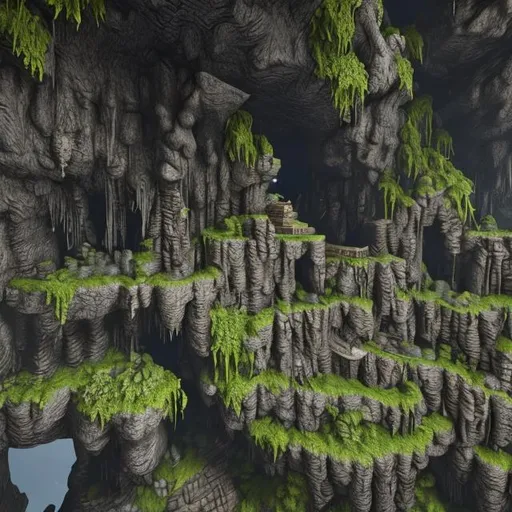 realistic closed dark cave, rock paths up tall walls... | OpenArt