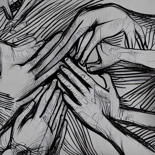 A bunch of hands, digital sketch, with shaky and sha...