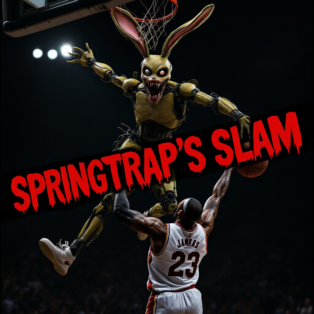 Springtrap with long ears dunking over LeBron James.