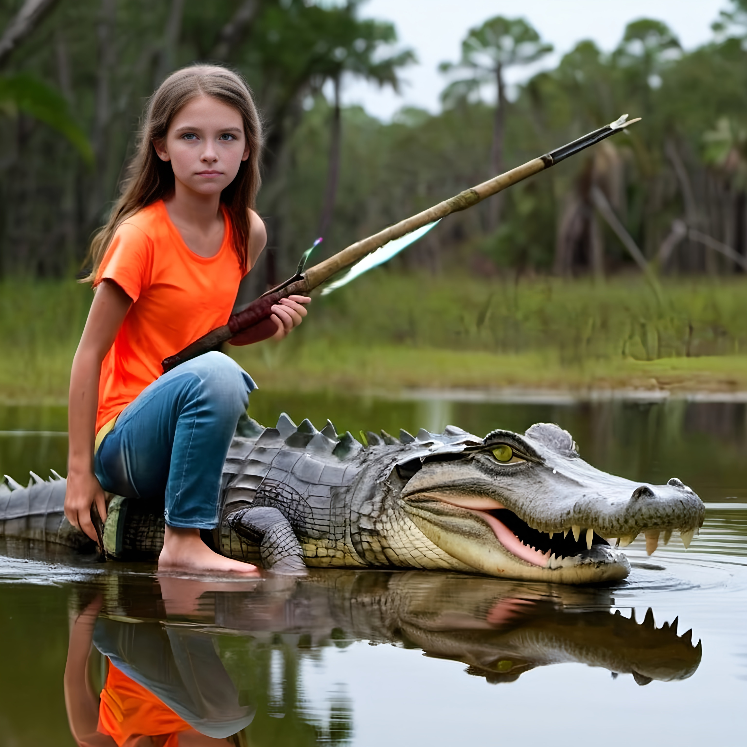 13 year old barefoot girl hunting alligator with spe... | OpenArt