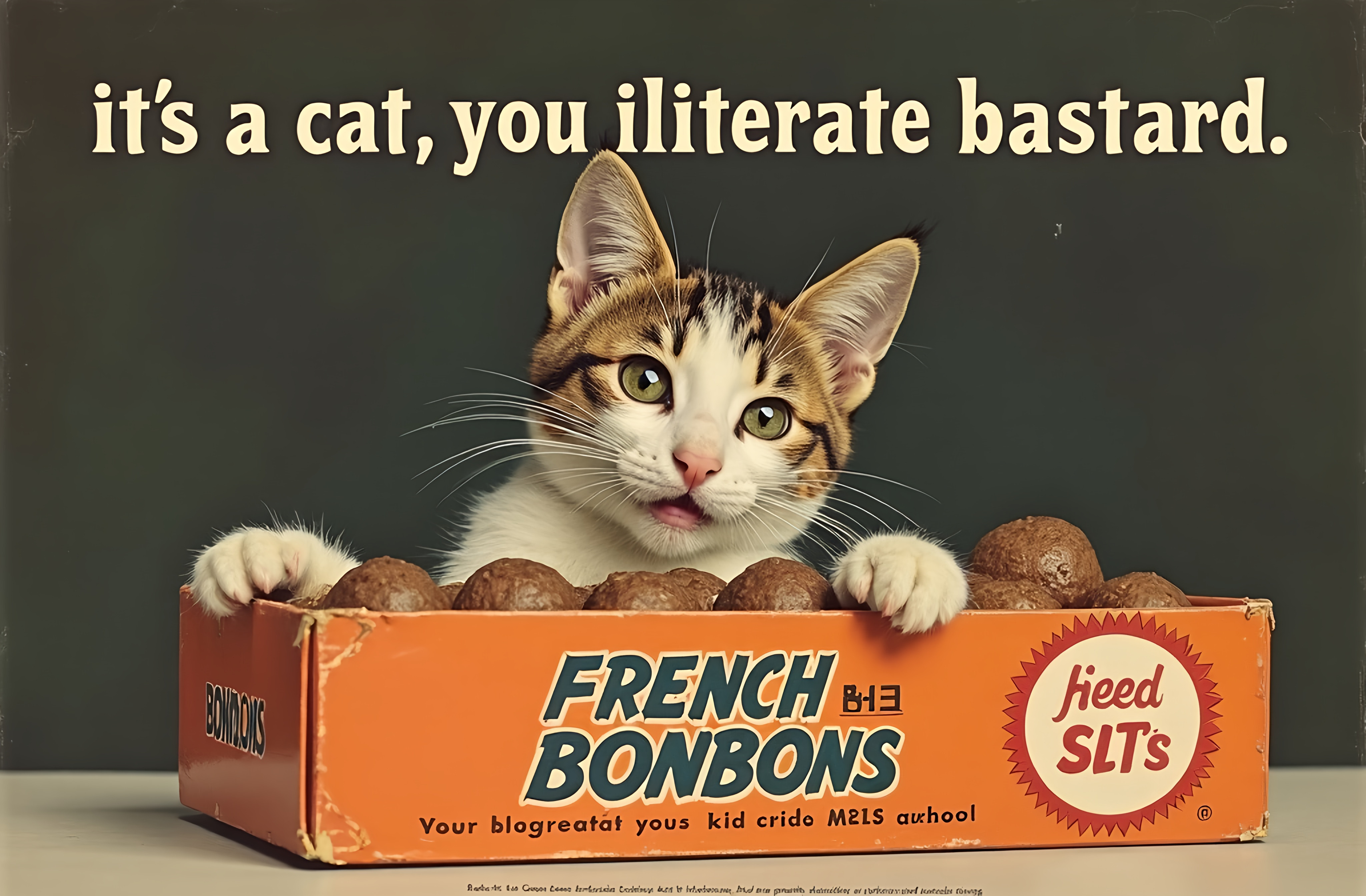 1962 ad for a box of French Bonbons, a cat looks on,...