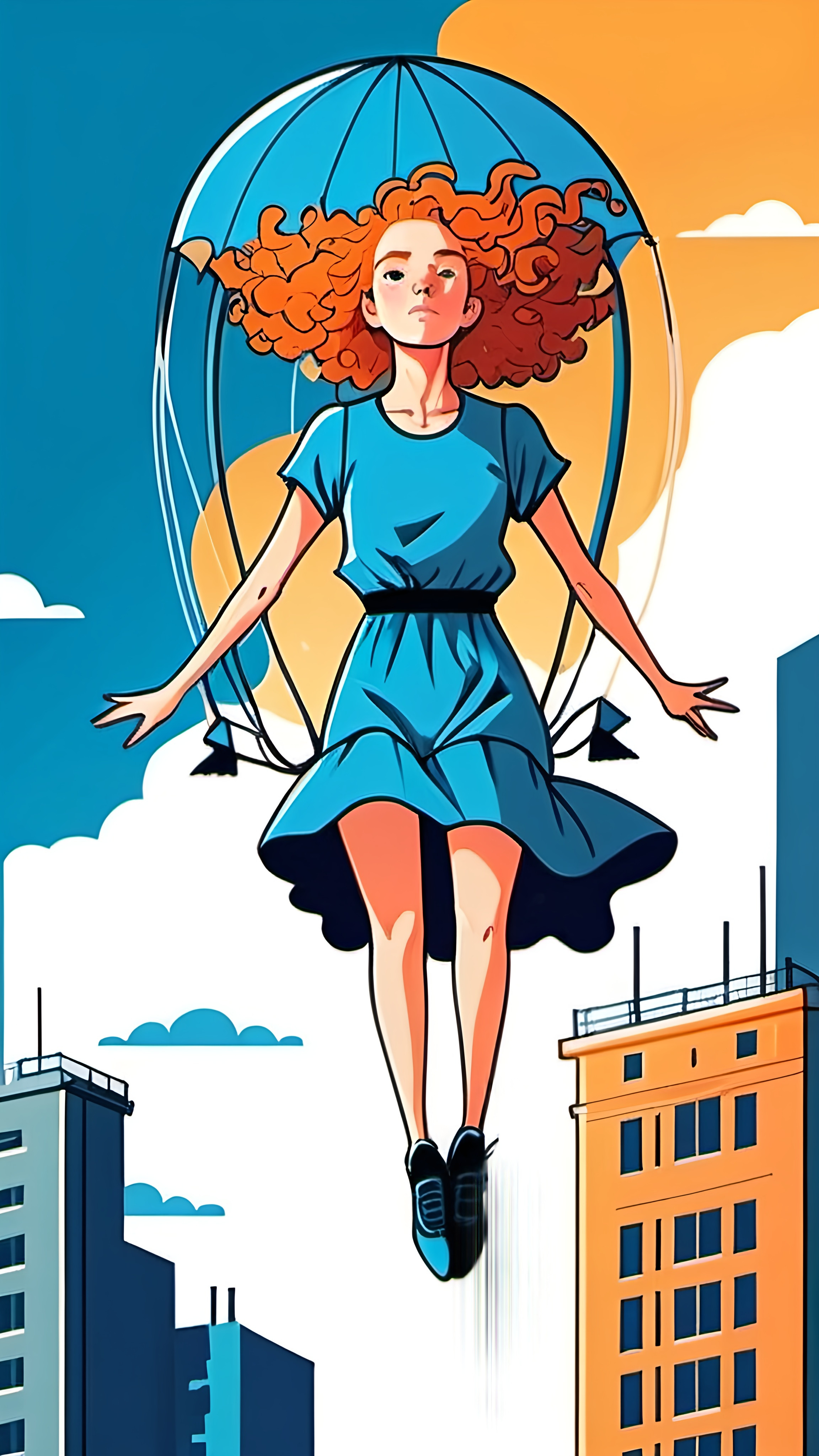 2d flat art, a ginger curly hair woman in a blue dre...