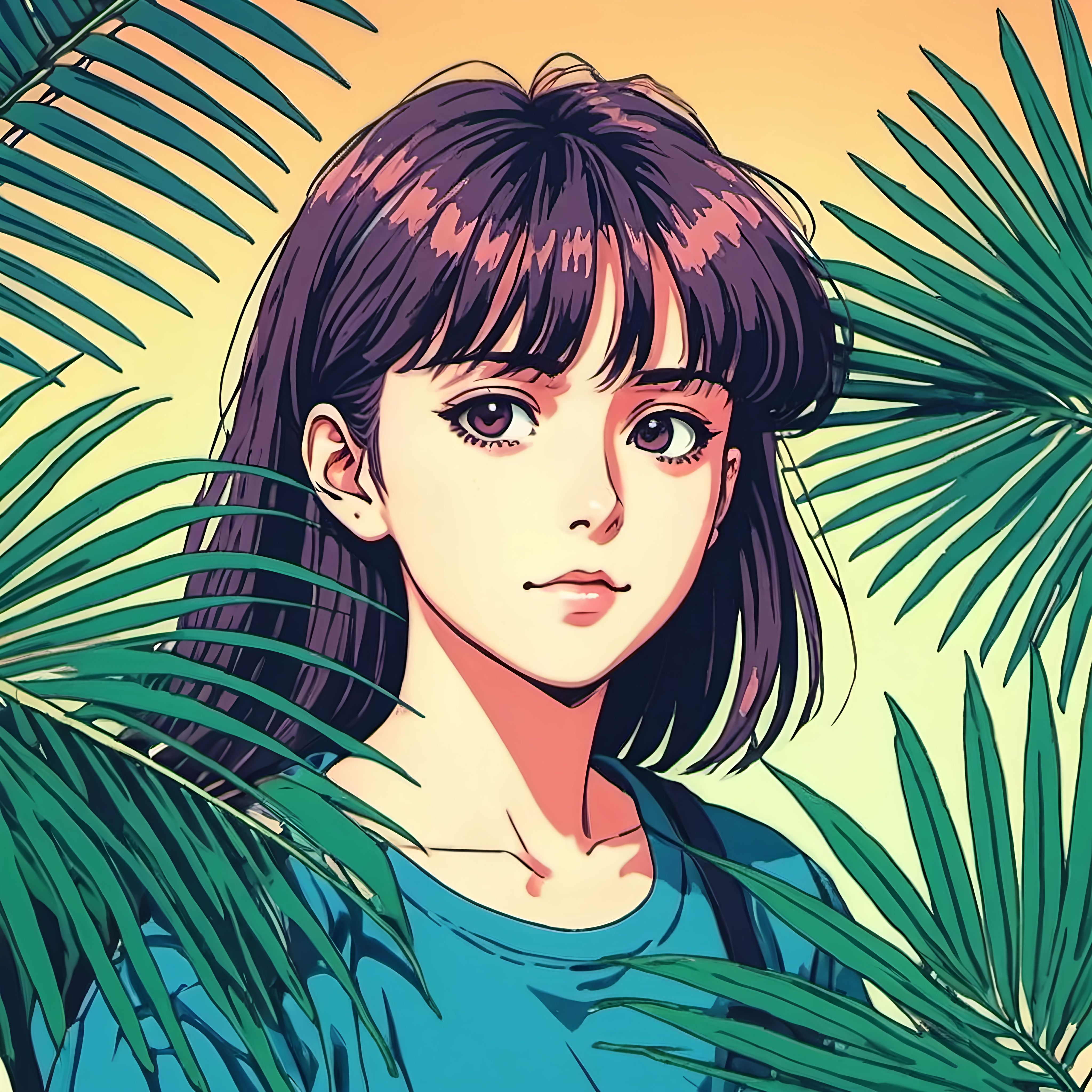 90's anime, palm leaves, hand-drawn, filter grain, c...