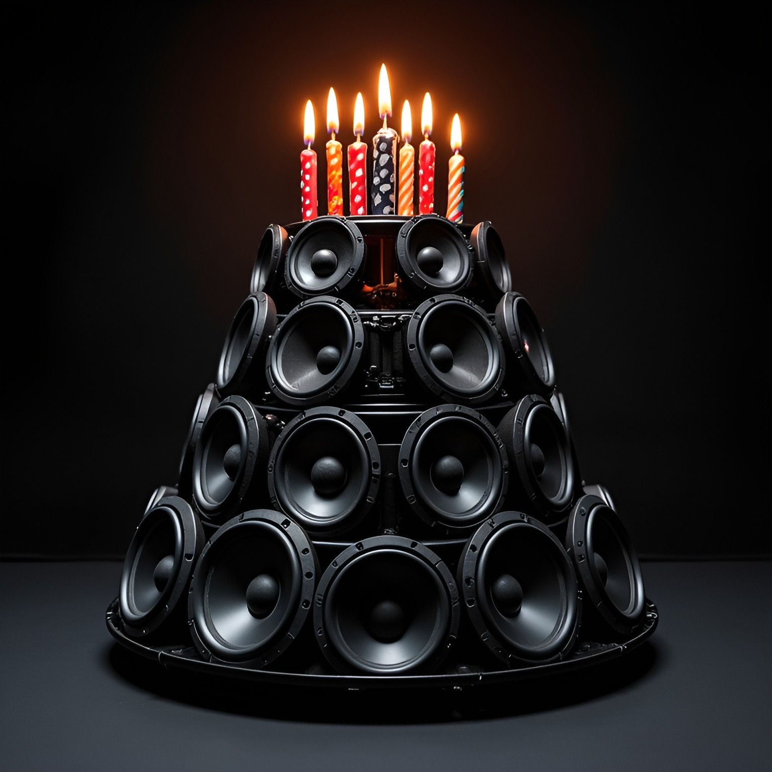 a birthday cake made of car stereo speakers stacked...