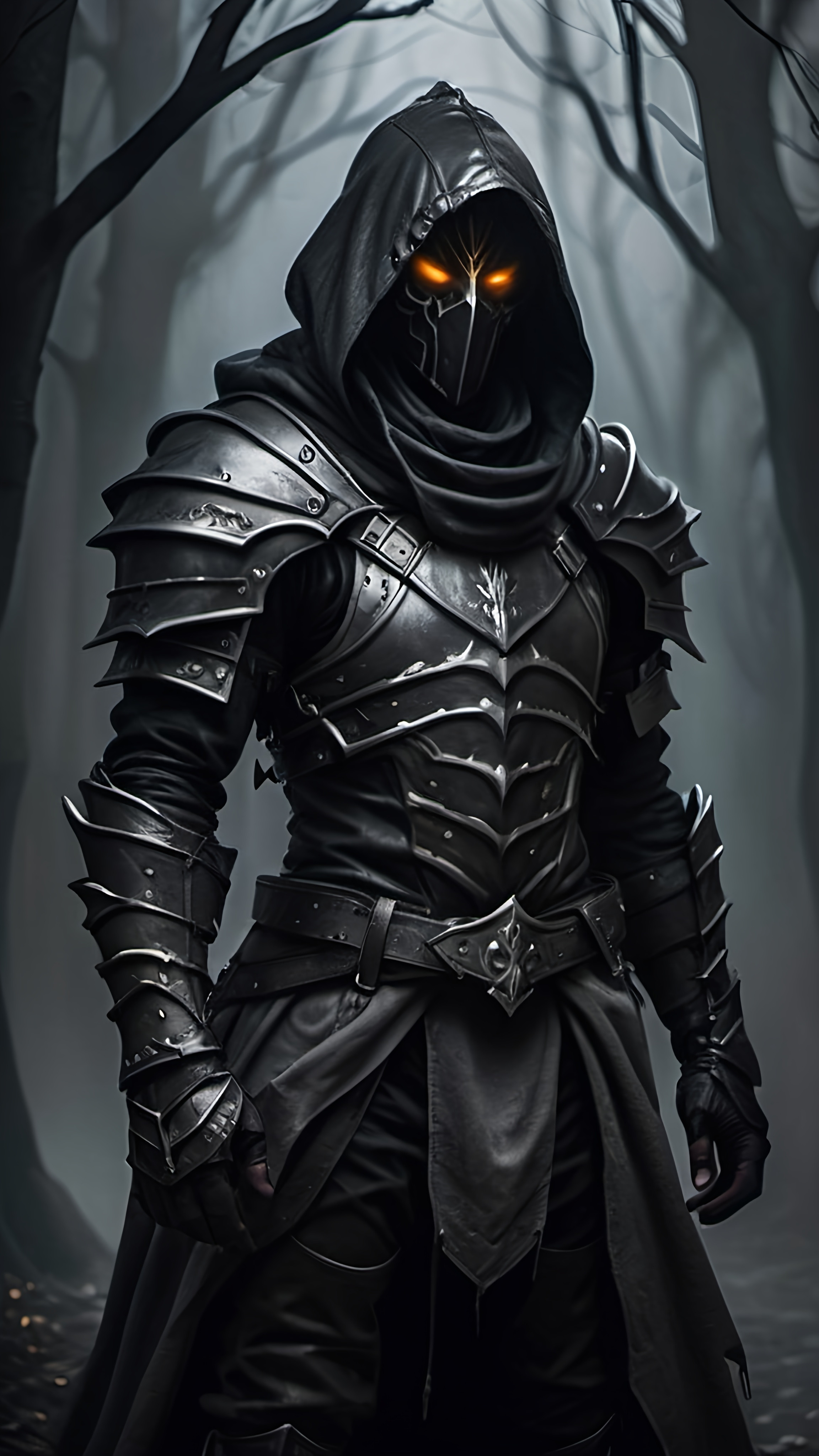 A dark figure in dark fantasy style stands in a grey...