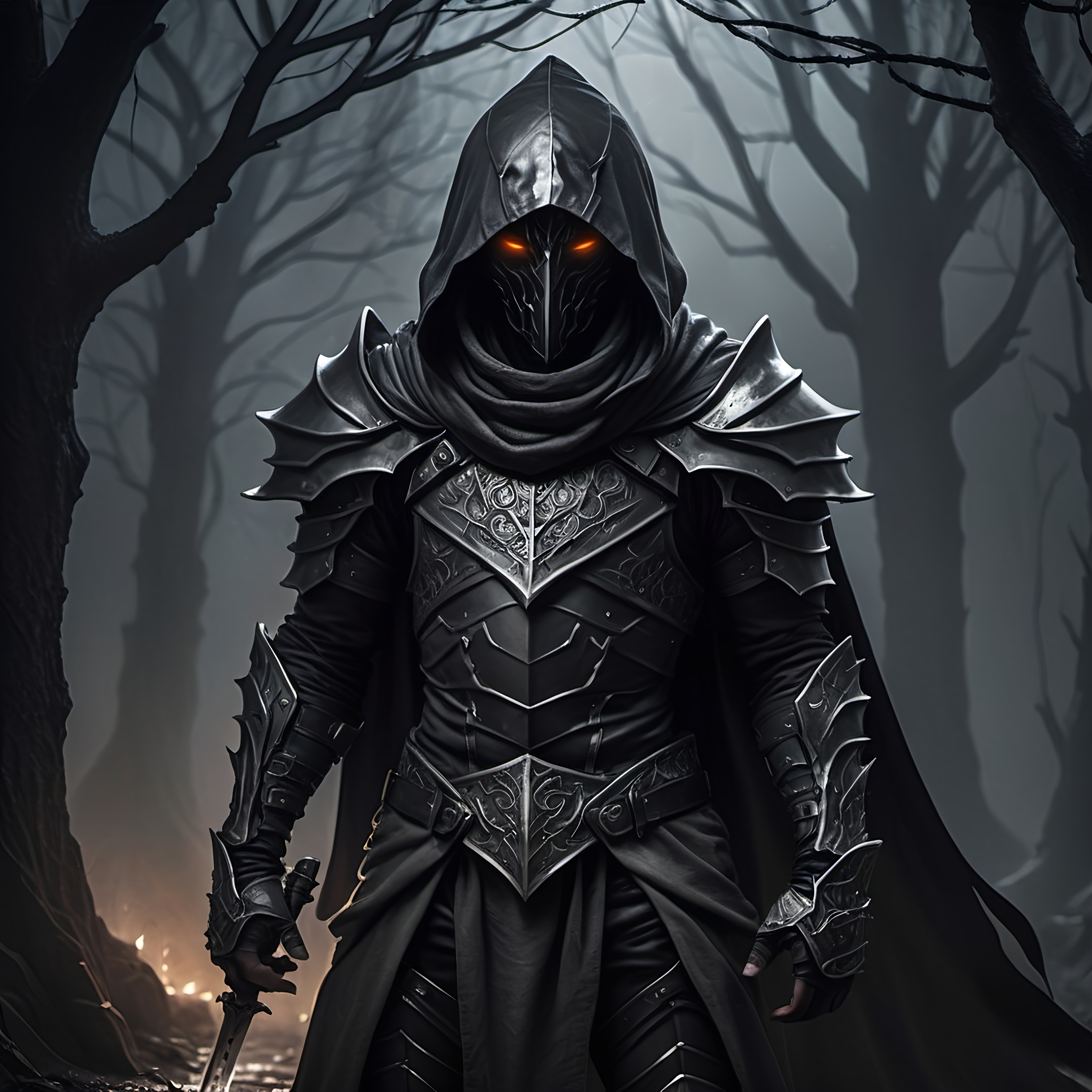 A dark figure in dark fantasy style stands in a grey...