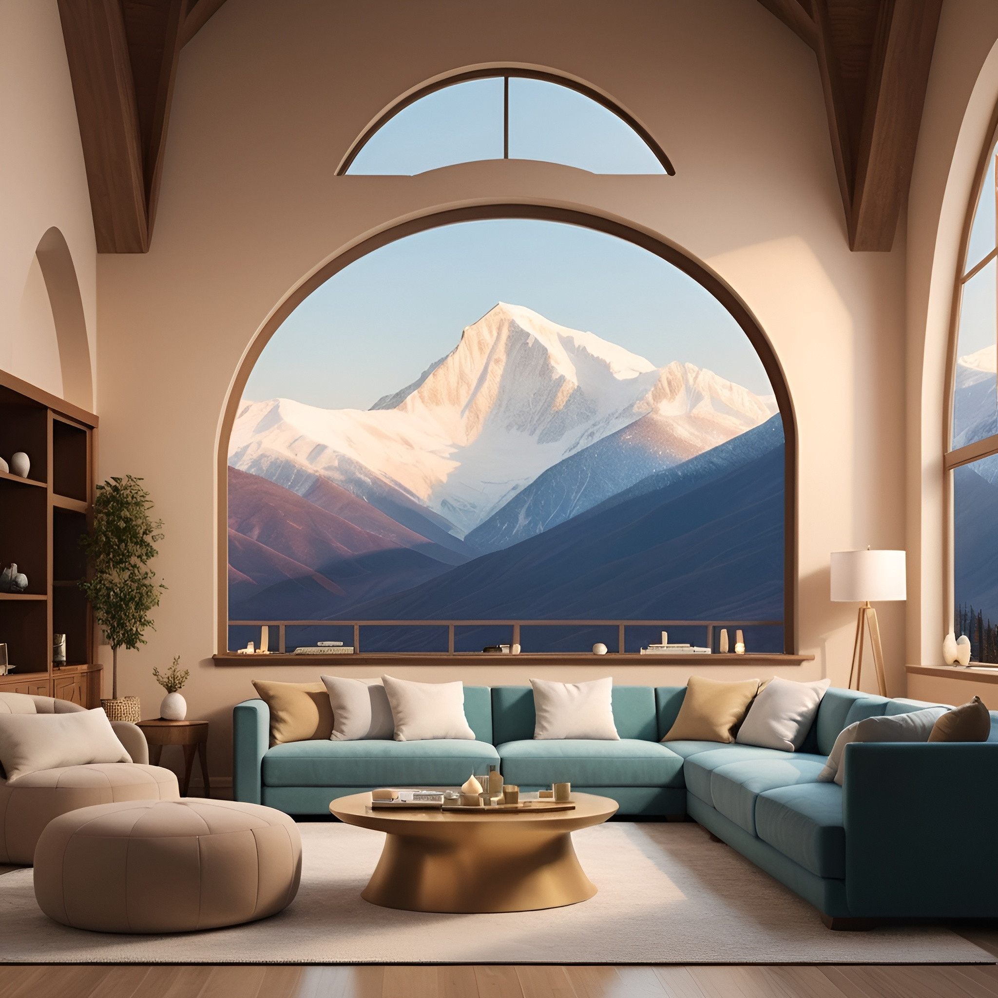 a distant POV image of a high ceiling lounging room...