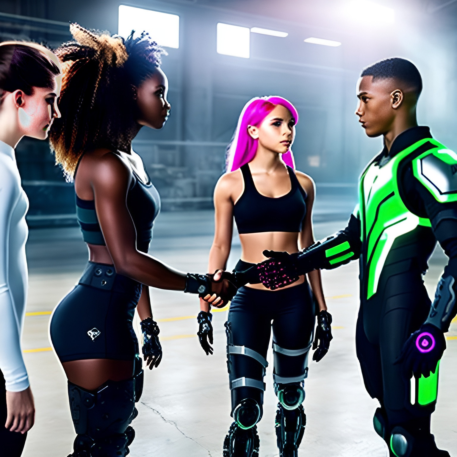 A diverse group of gen-z shaking hands with cyborgpu...