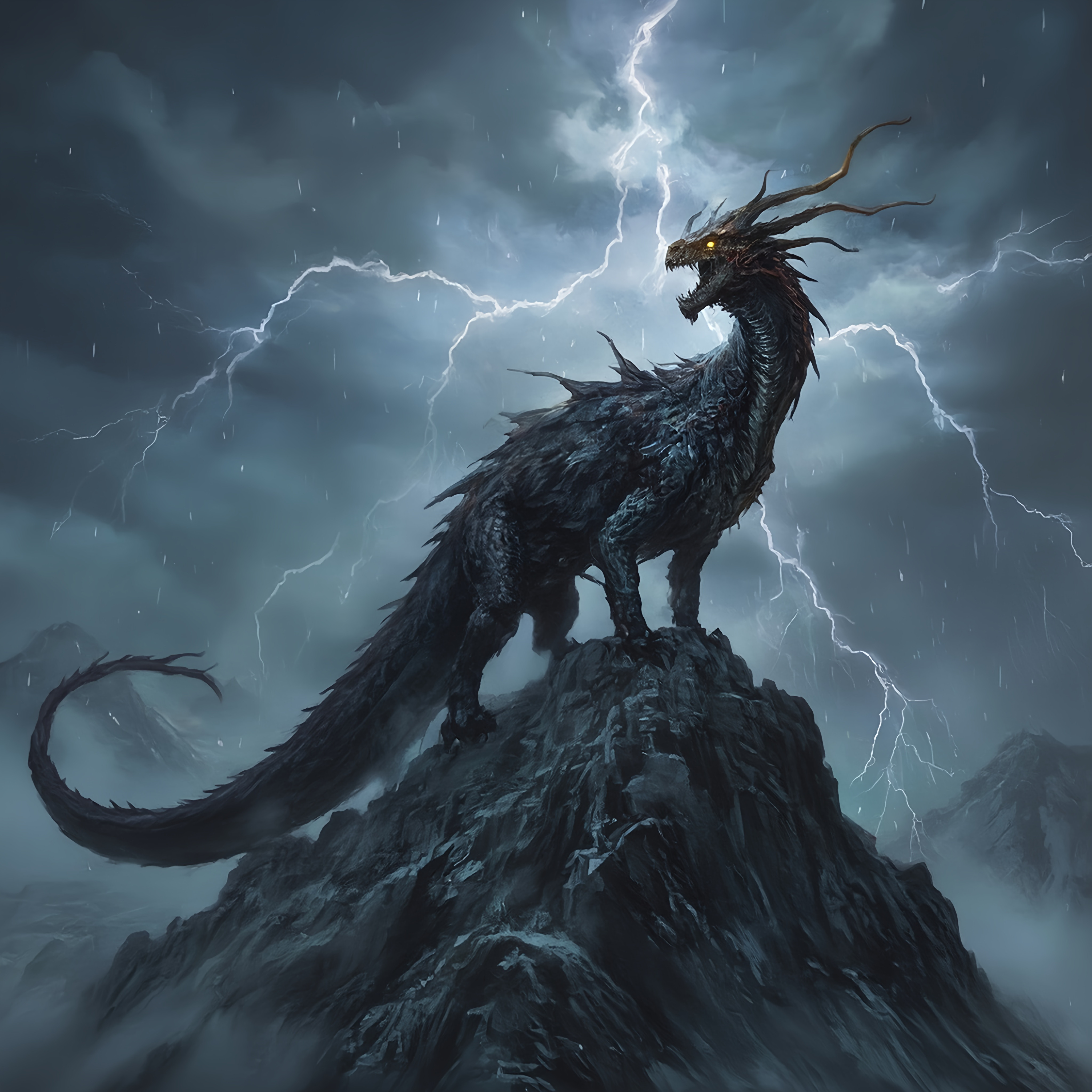 A dragon of gargantuan size perches on the peak of a...
