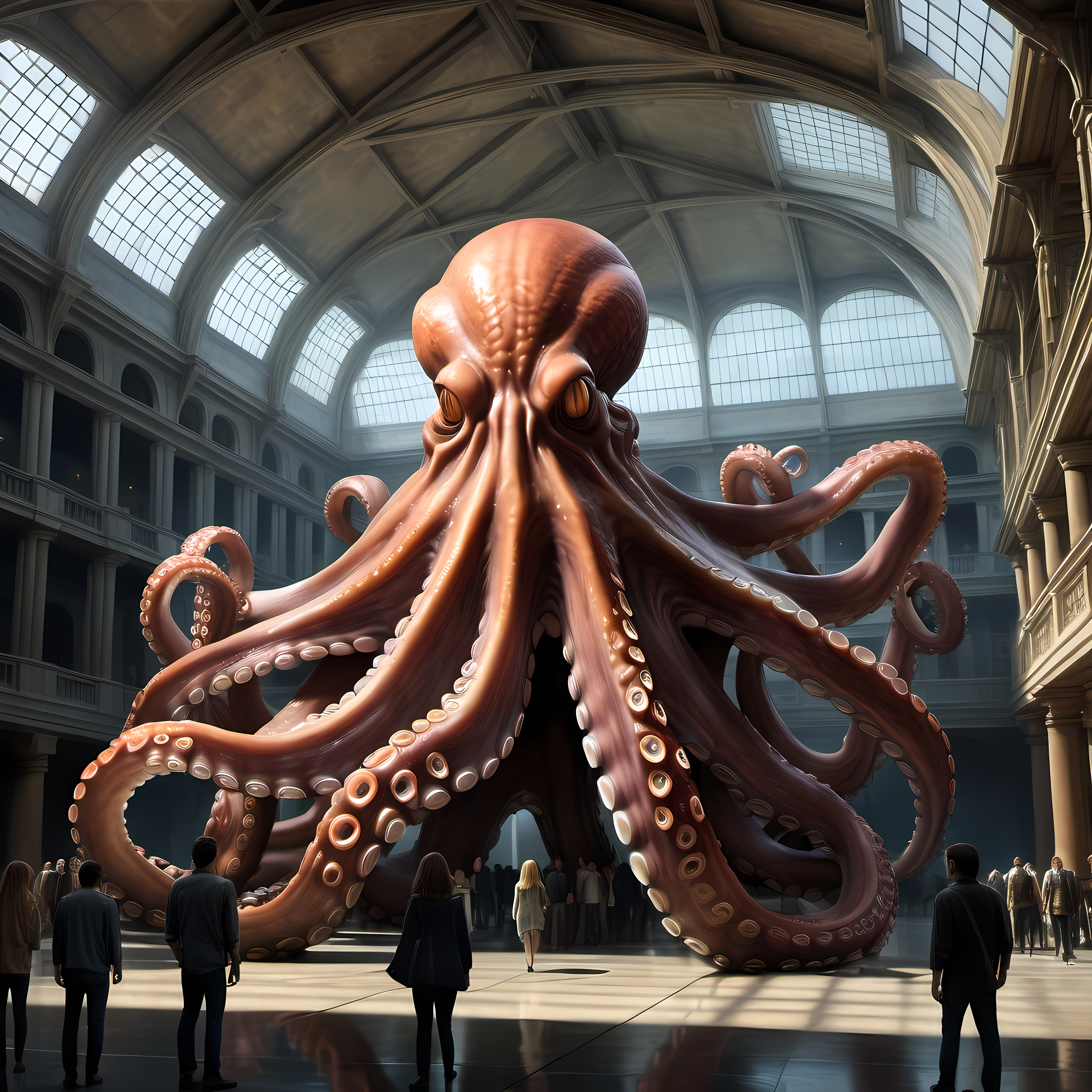 a giant octopus is in a large building with people a...