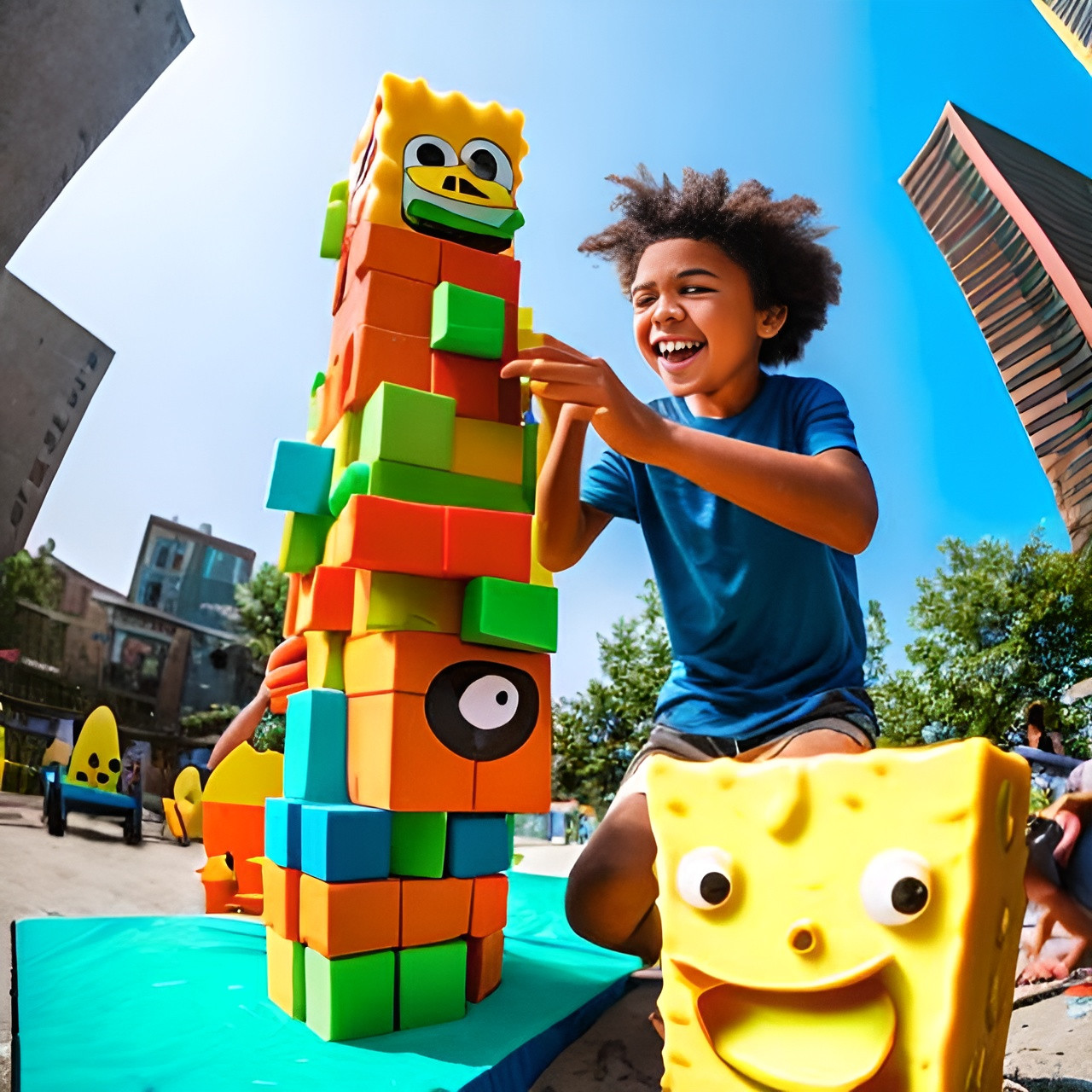a kid having fun with a life-size spongebob building...