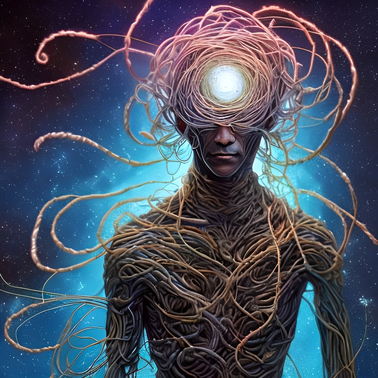a male mind weaver made out of strings and holding h...