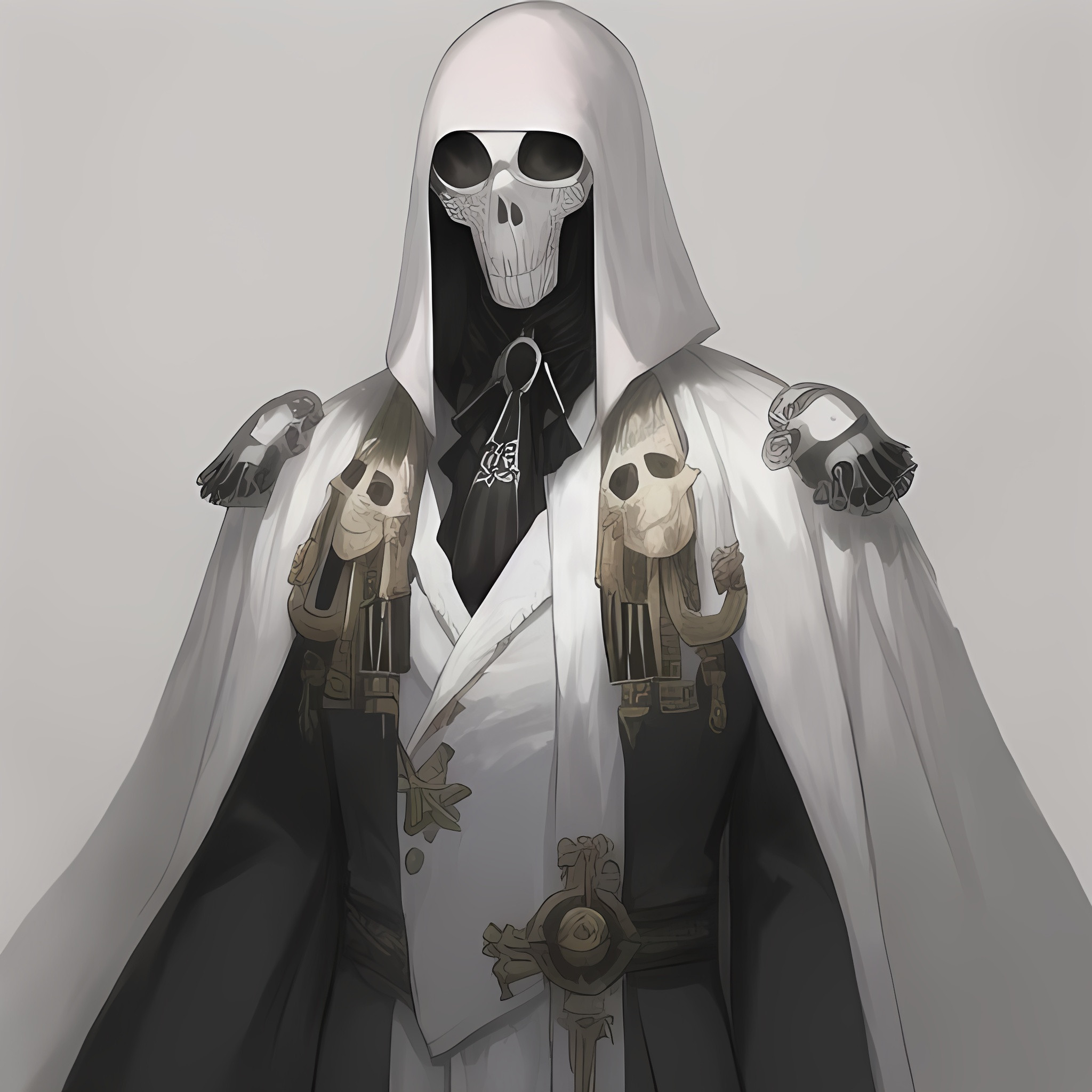 a man, white robe, skull mask