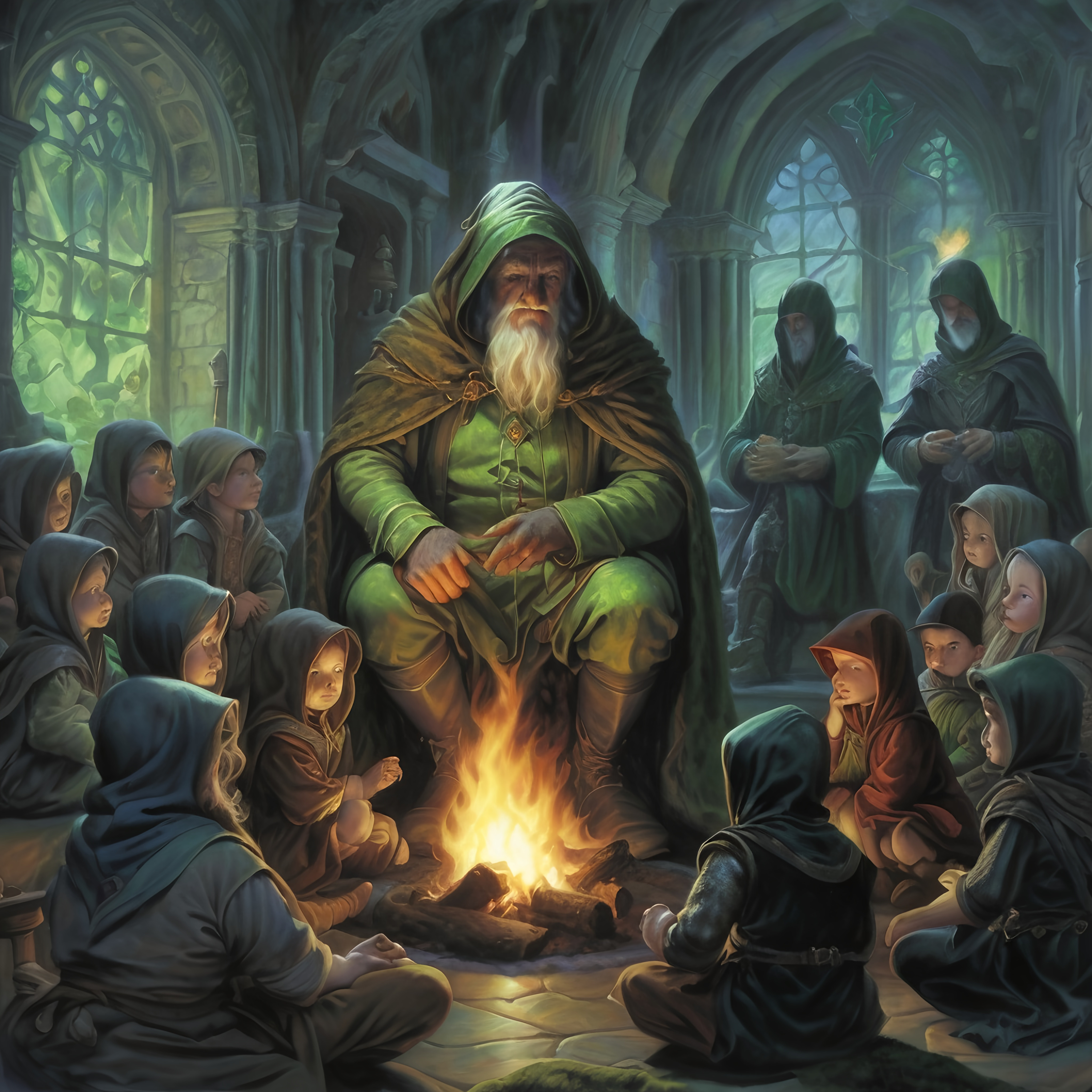 a painting of an old man sitting in front of a fire...