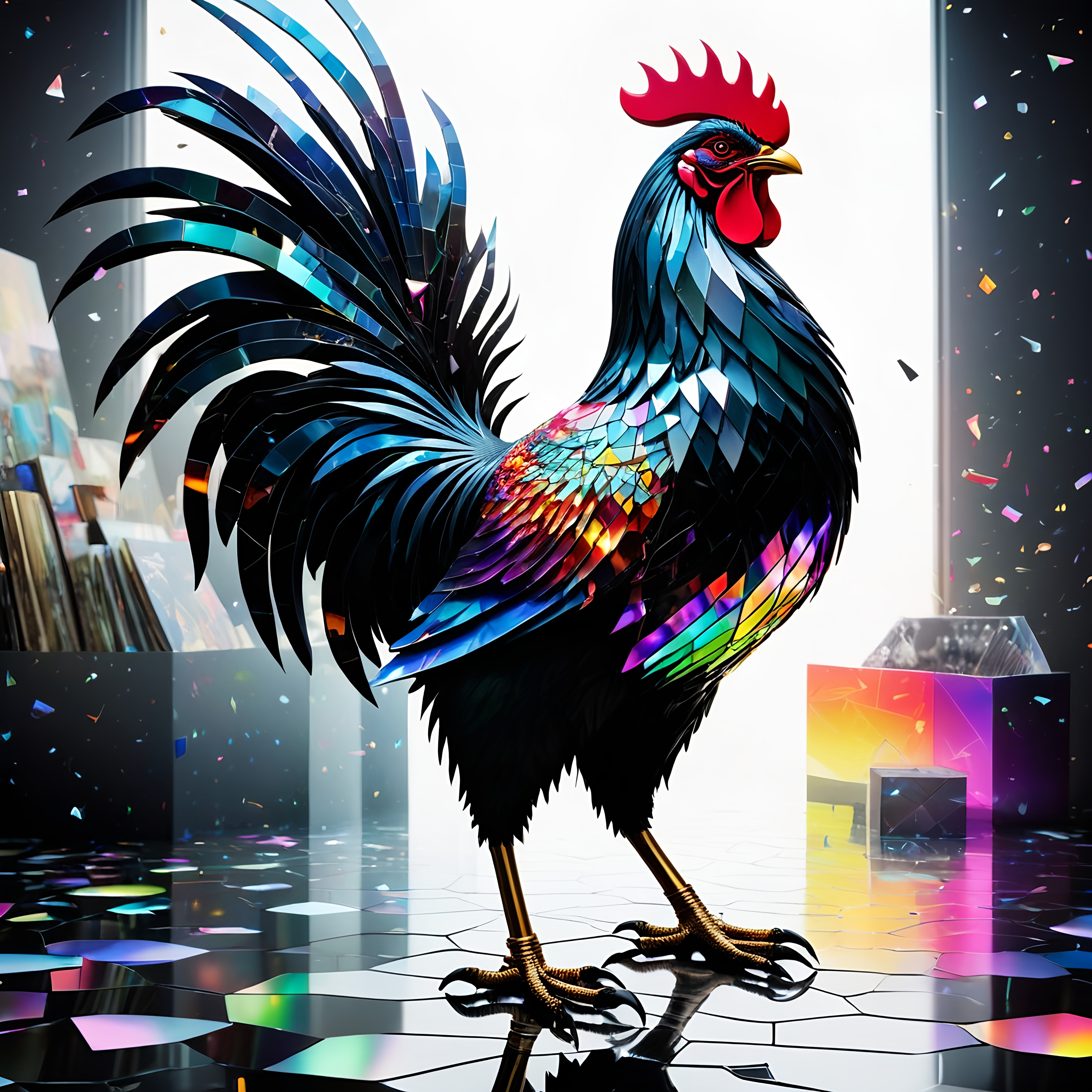 A sinister rooster, his form ingeniously crafted fro... | OpenArt