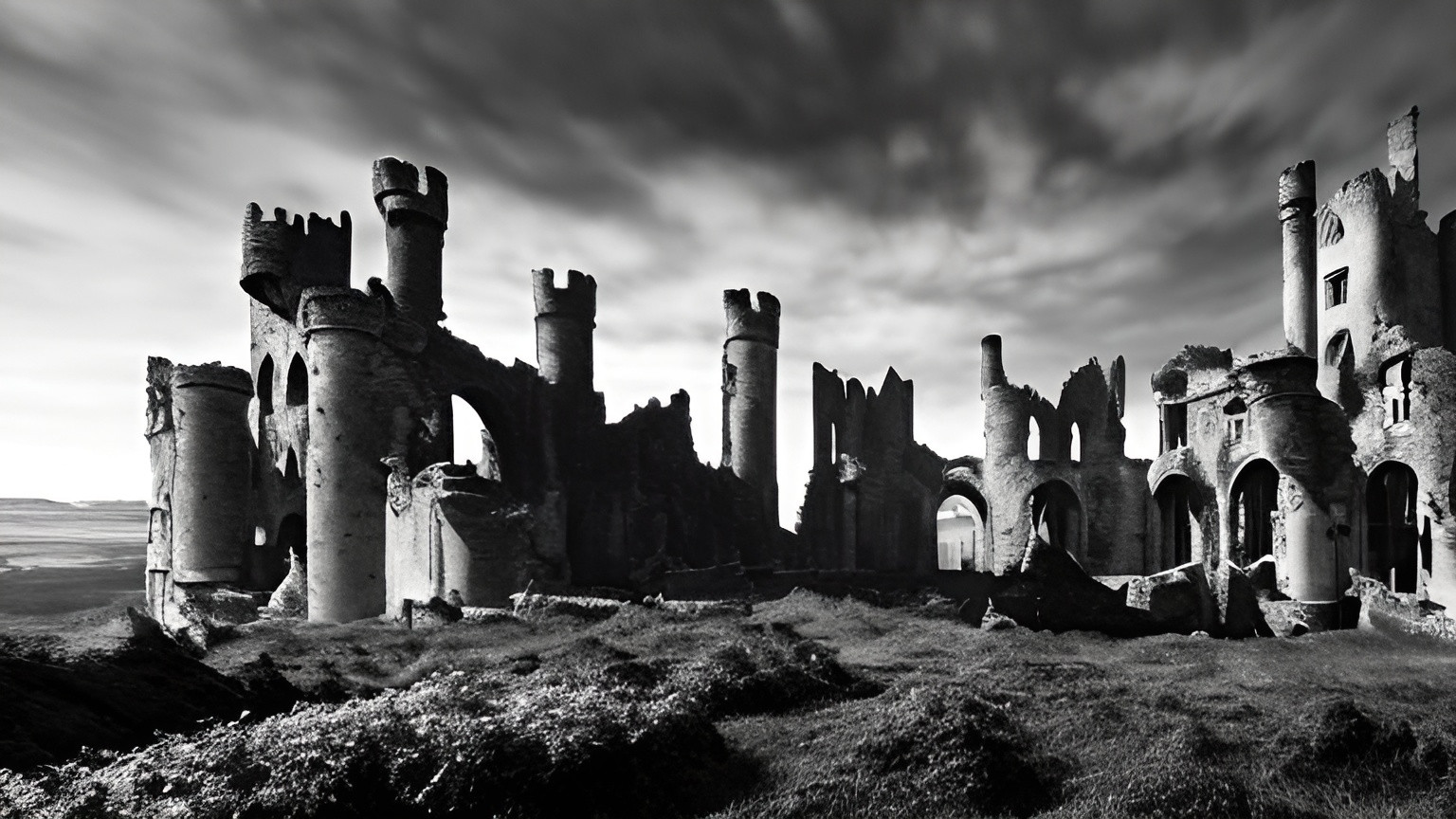 a wide view of a tonally dark and grim fantasy lands...