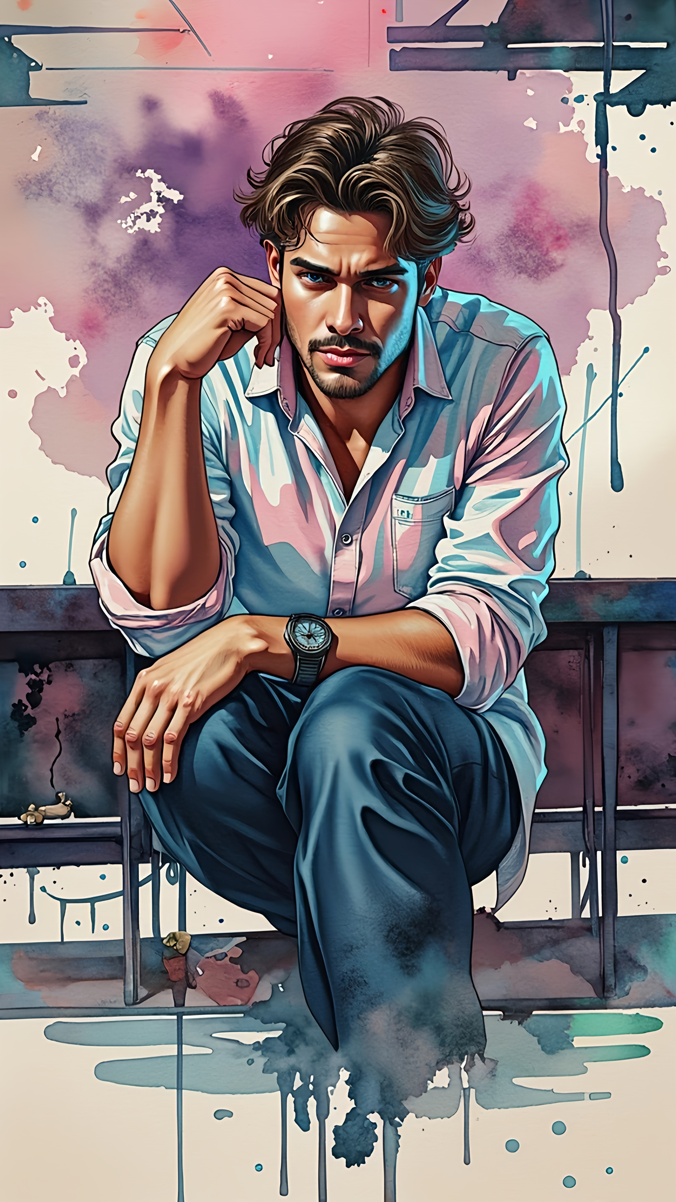 A young man, with brown hair and a subtle mustache,...