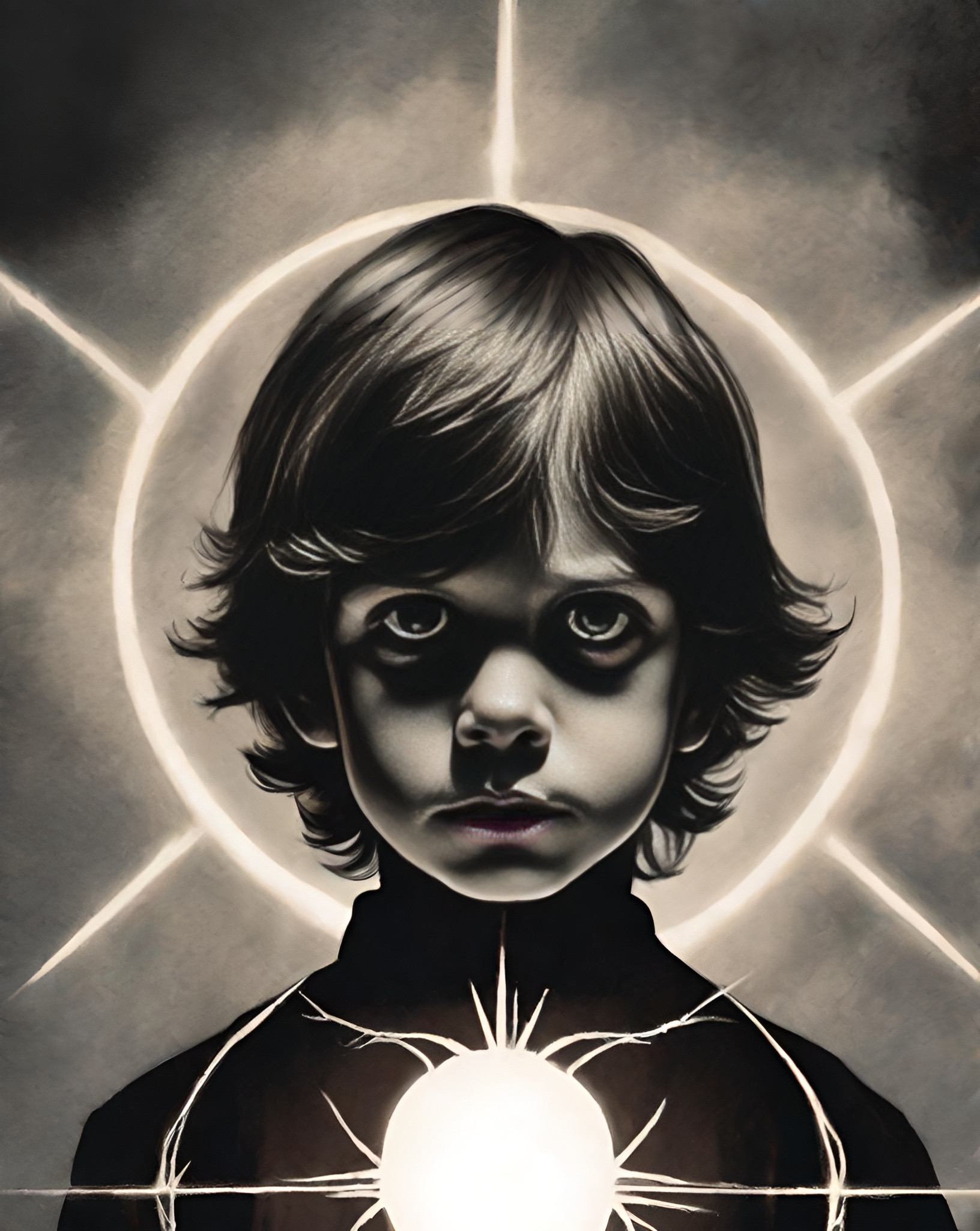 An ominous portrait of Damien from The Omen film fra... | OpenArt