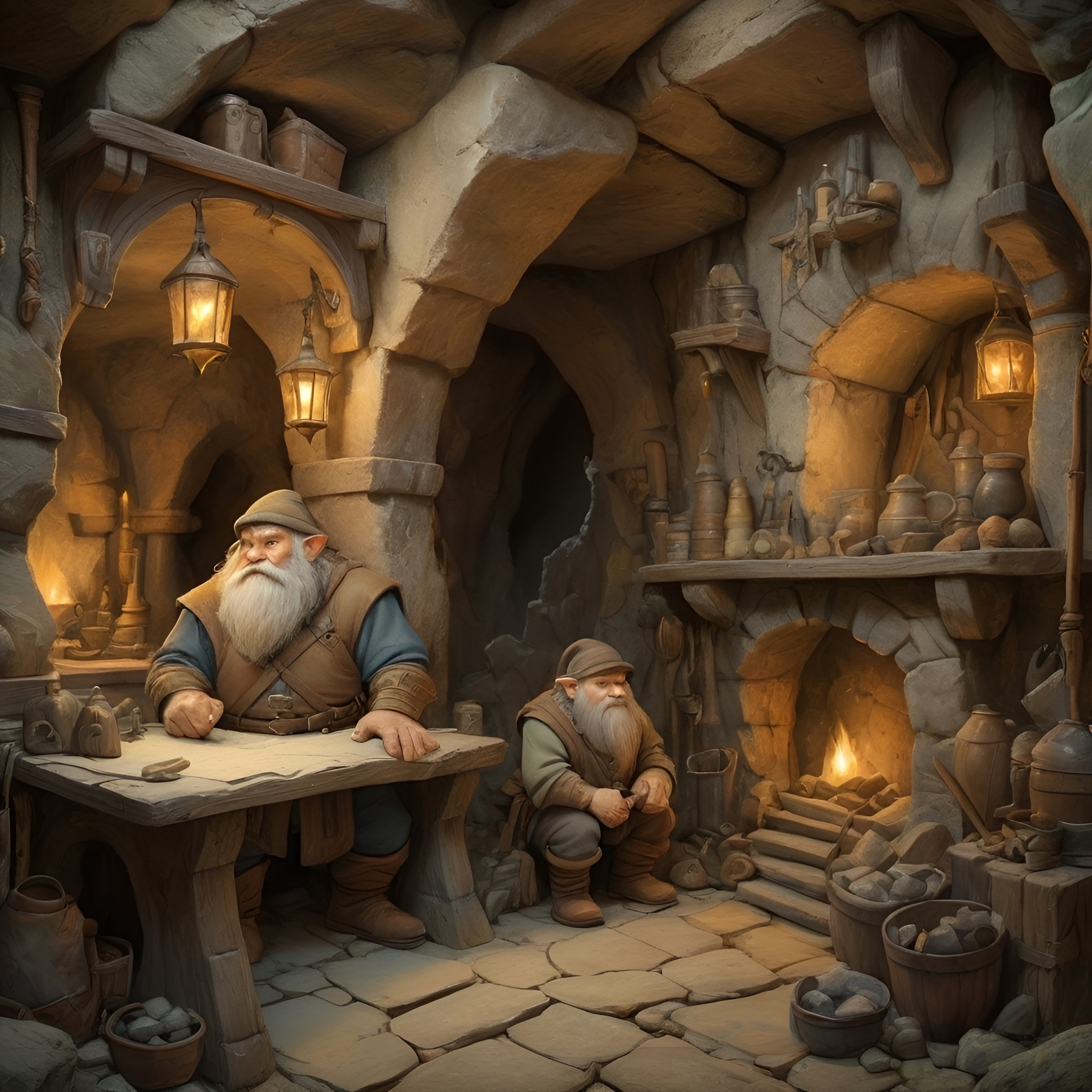 Anton Pieck style illustration of an dwarven medieva...