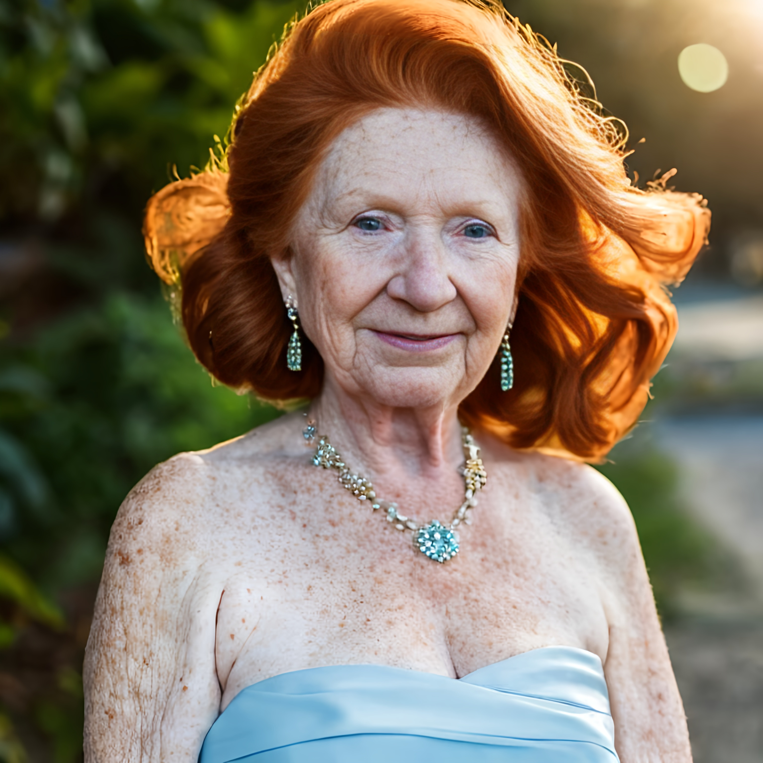 Attractive elderly redhead woman wearing a blue stra... | OpenArt