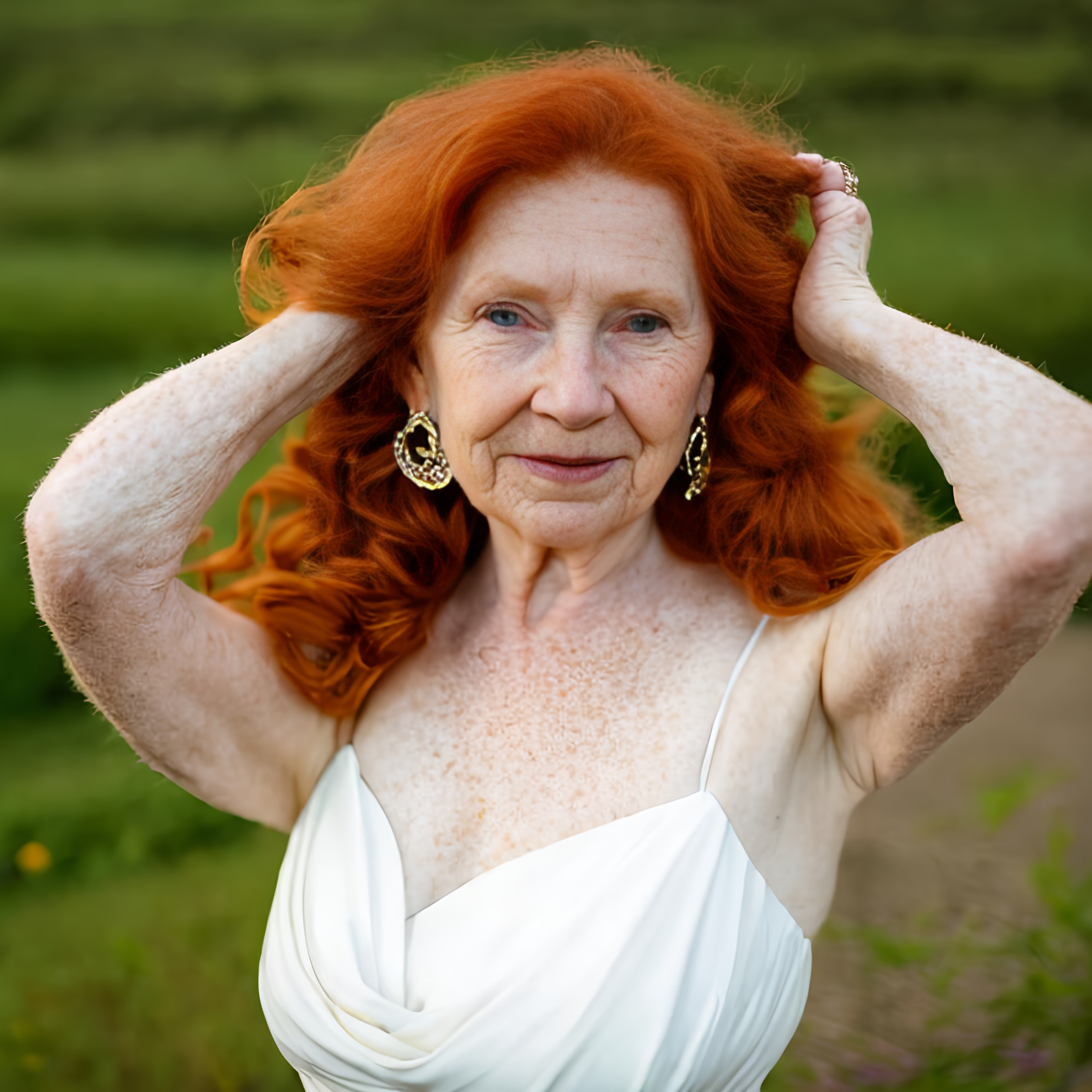 Beautiful elderly redhead woman, pink dress, pale sk... | OpenArt