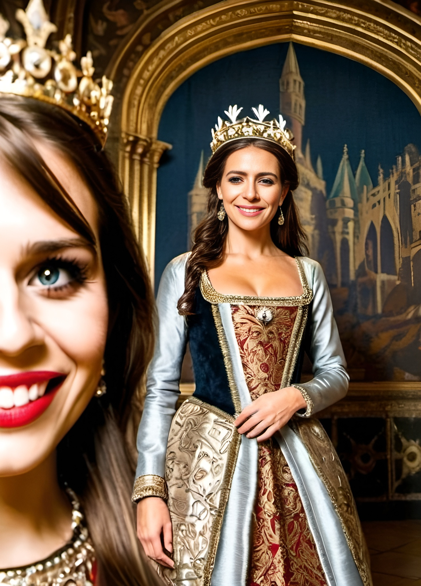 beautiful French queen wearing golden crown with dia...