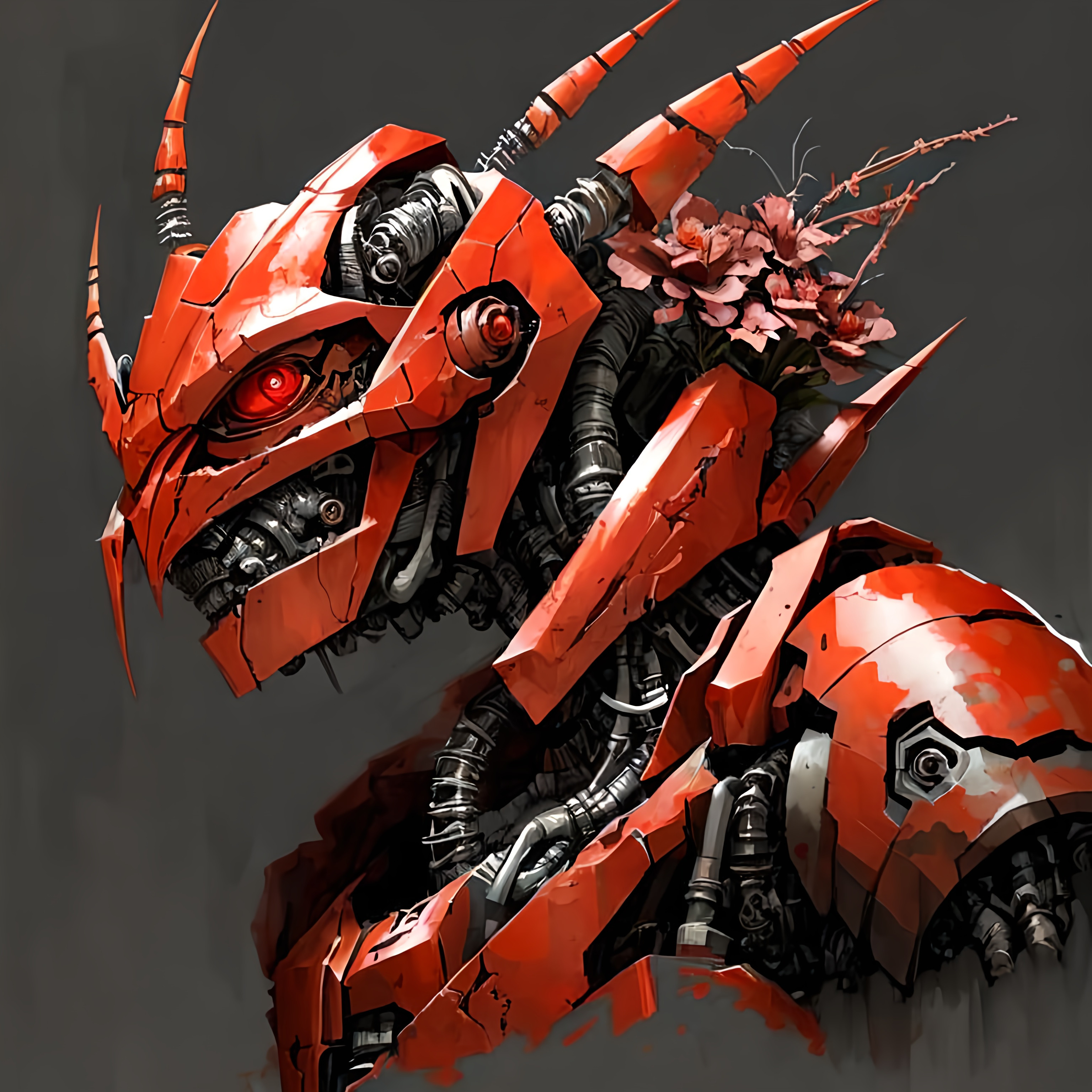 cartoon red locust gargoyle robot , cyberpunk tones,...