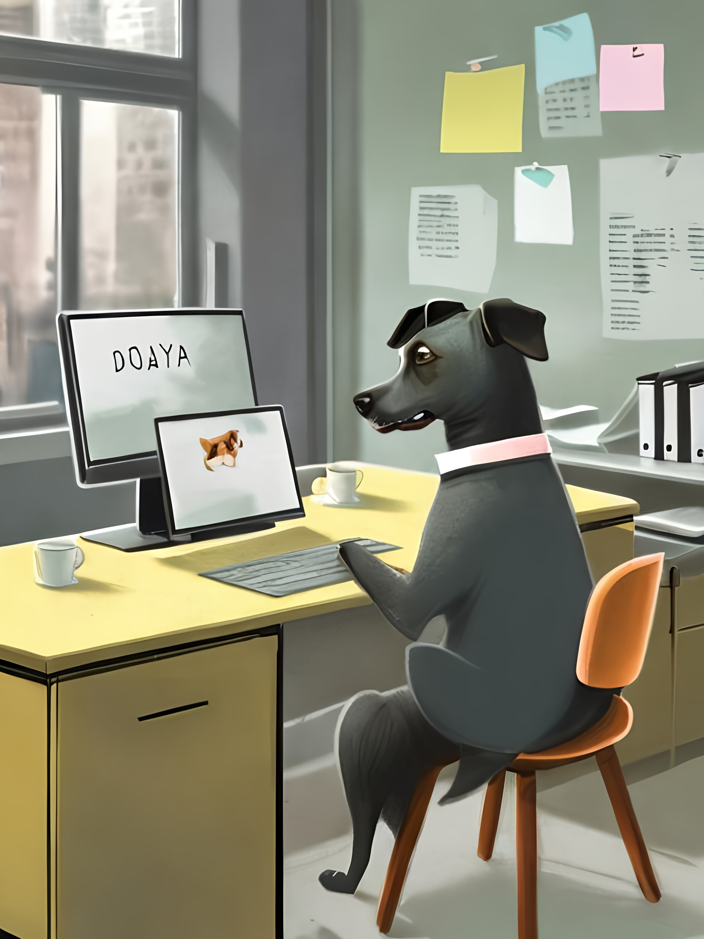chalk pastel style of a detailed dog typing at a de...