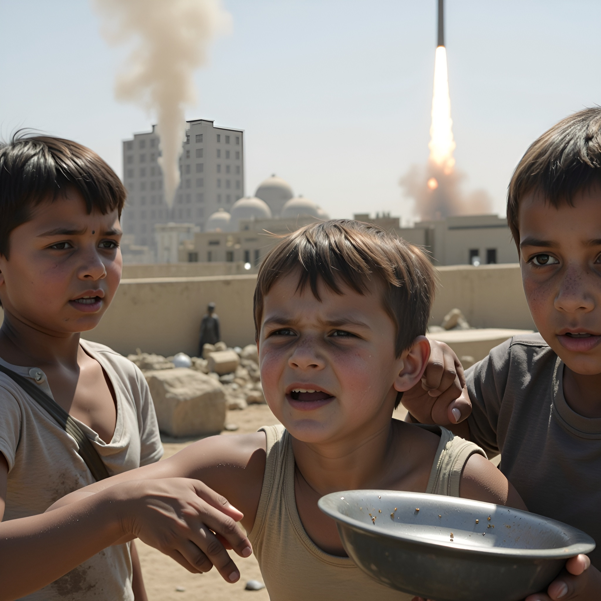 Children in hunger begging for food with a bowl as r...