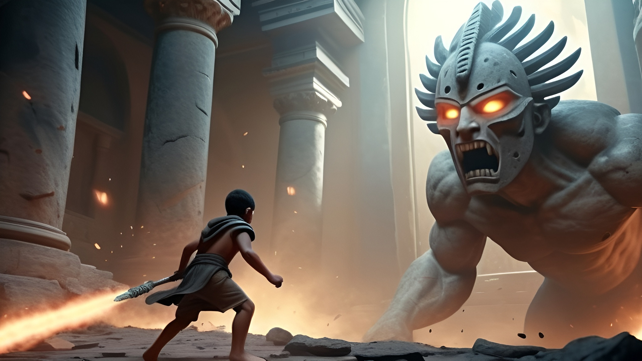 Colossal stone guardian with glowing eyes attacking,...