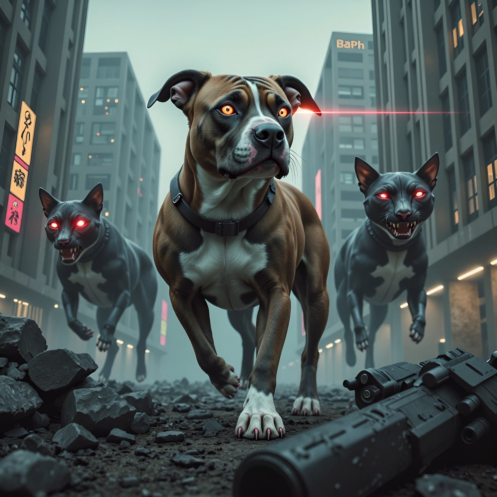 Cyber punk a female cyborg pit bull, (she is fawn an...