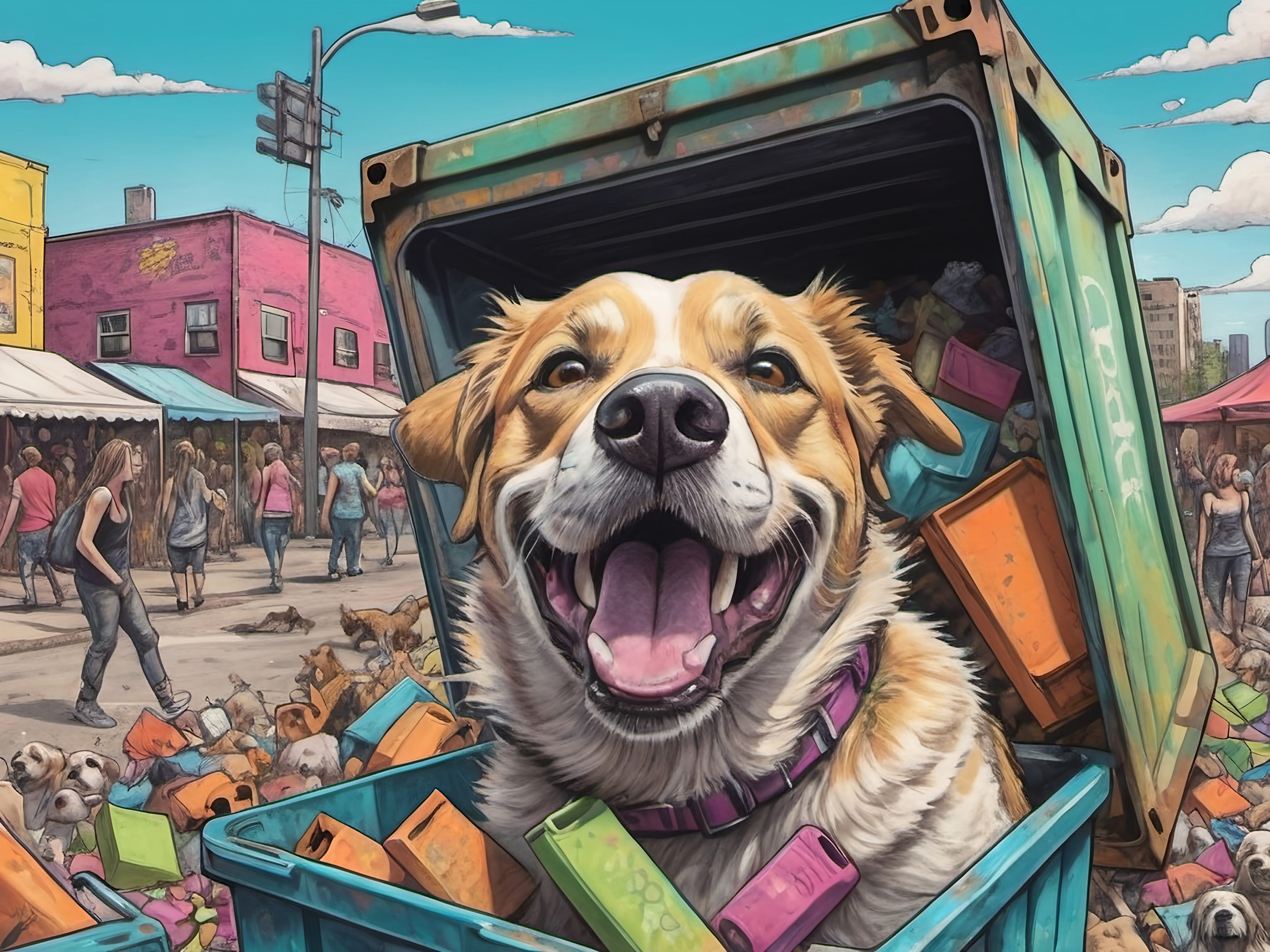 Detailed happy dog dumpster diving during a festival... | OpenArt