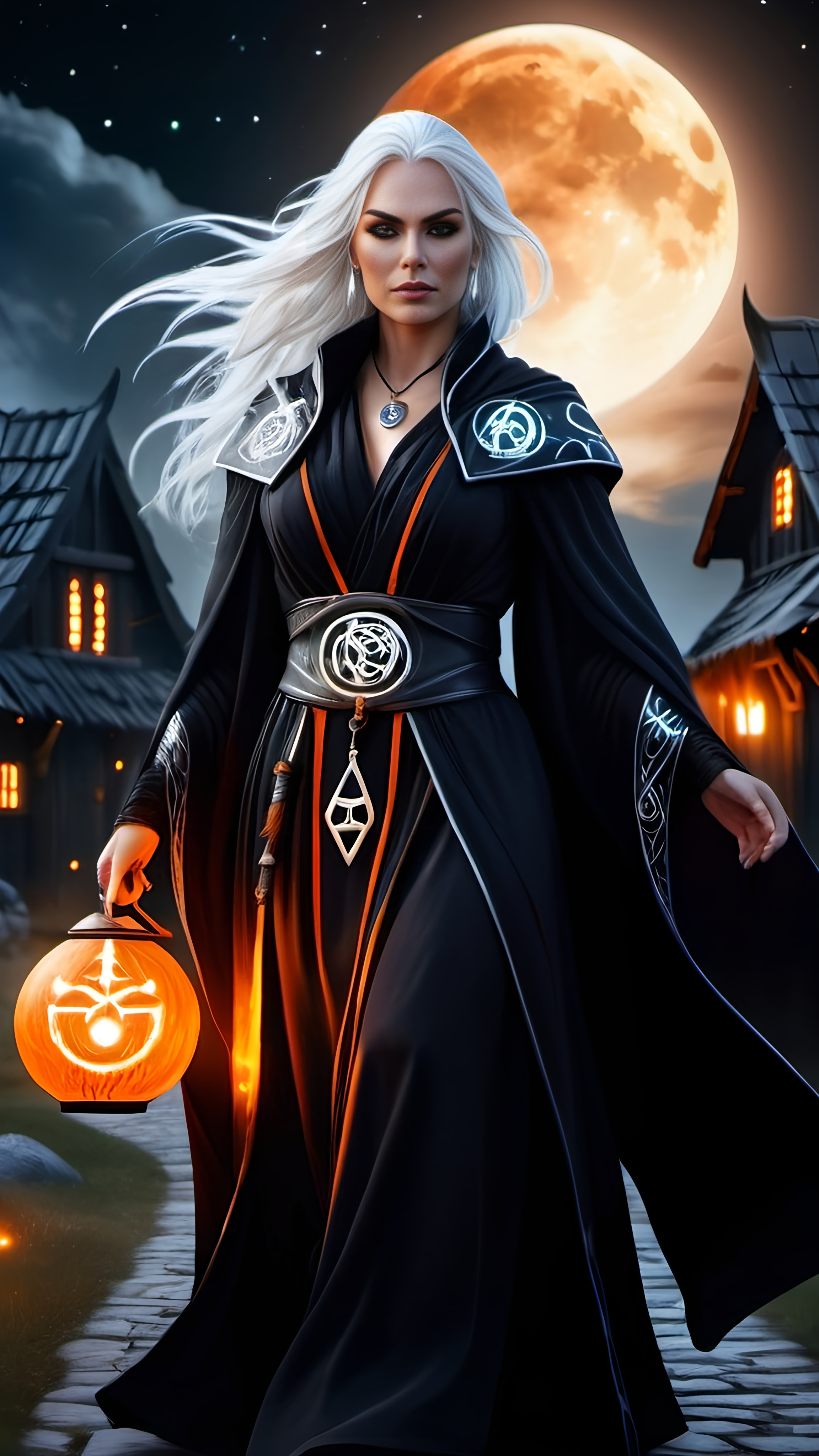 Digital illustration of a dark sorceress with white...