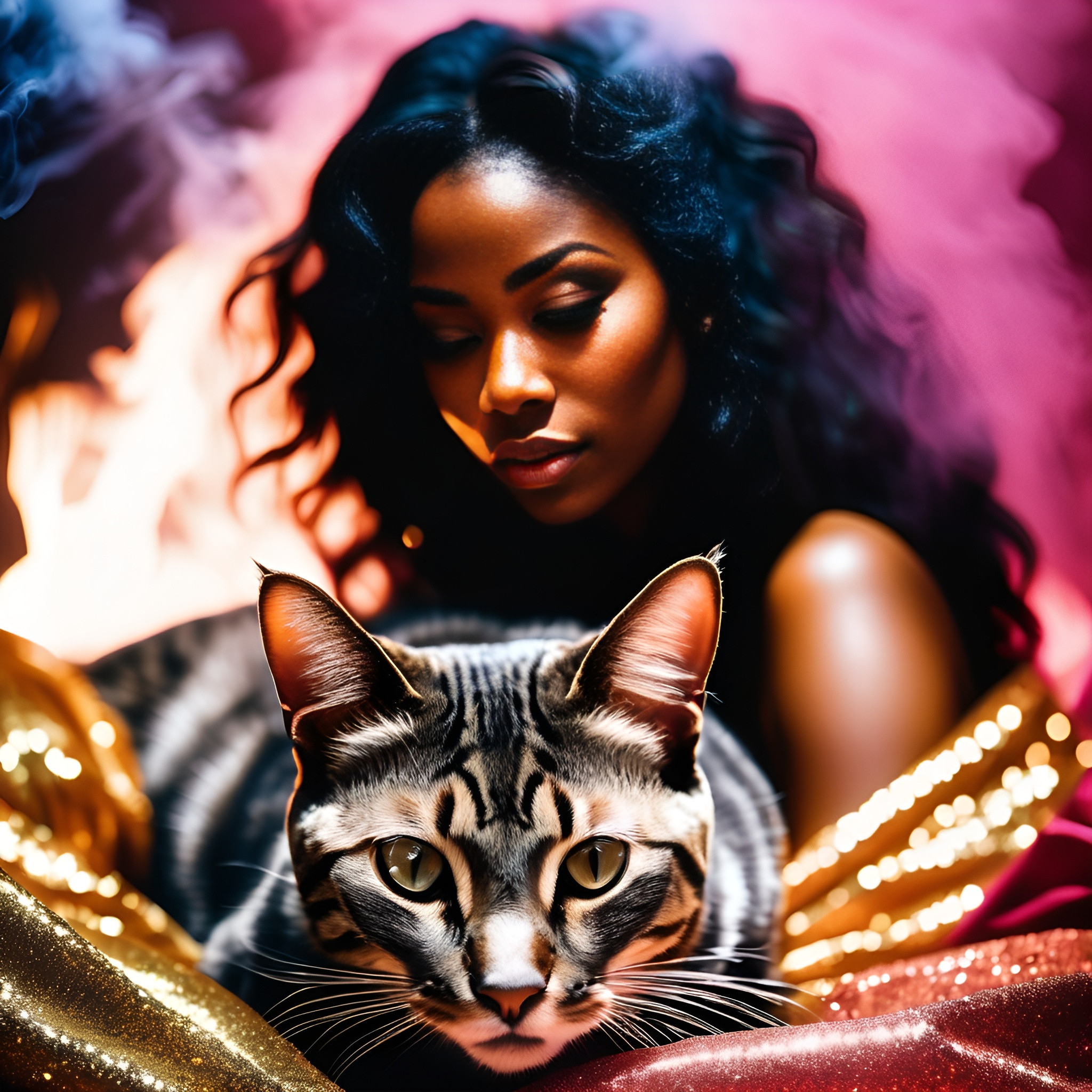 exotic african female cat women, cuddling among a pi...