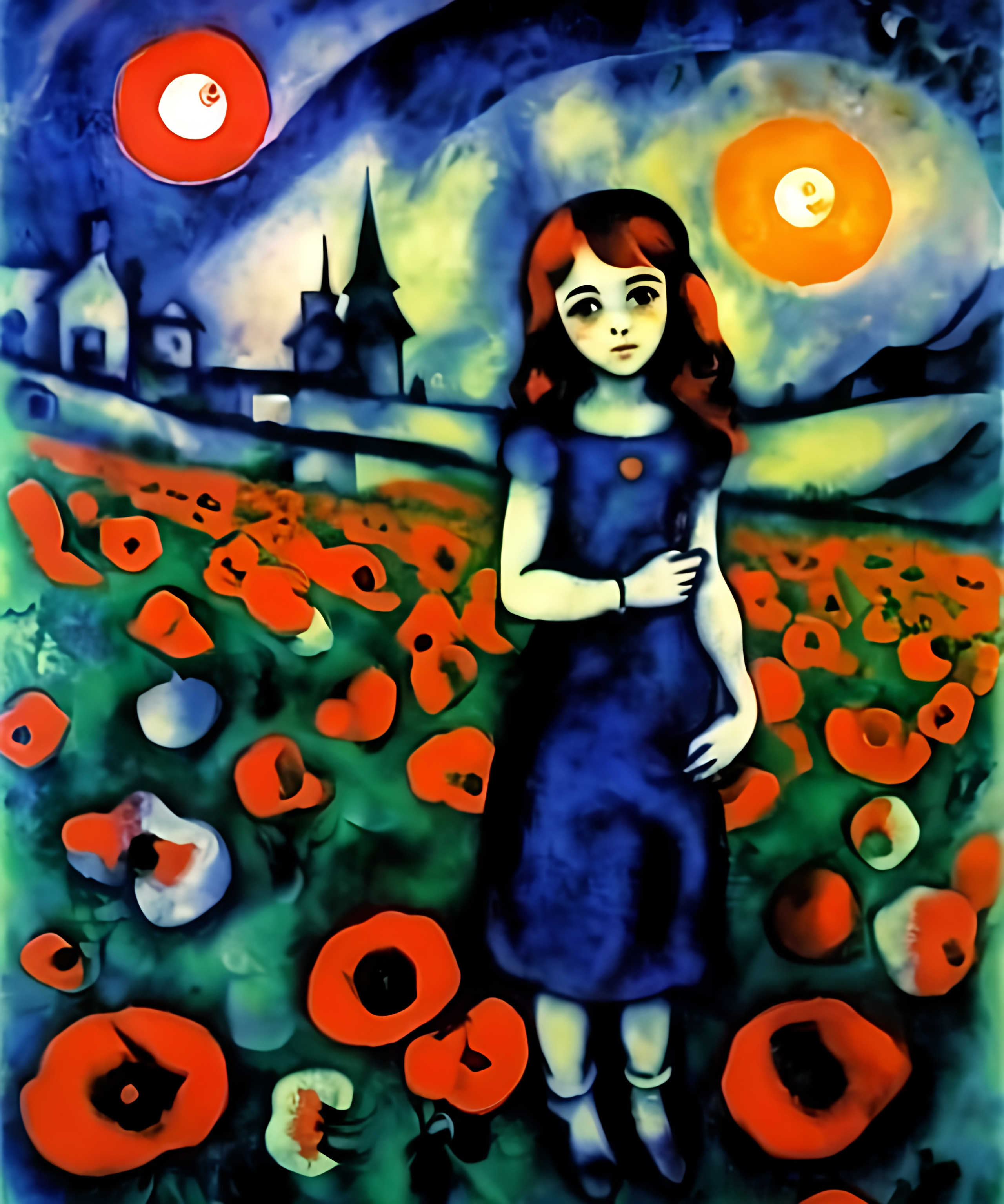 Girl in poppy field Chagall nighttime dreamy