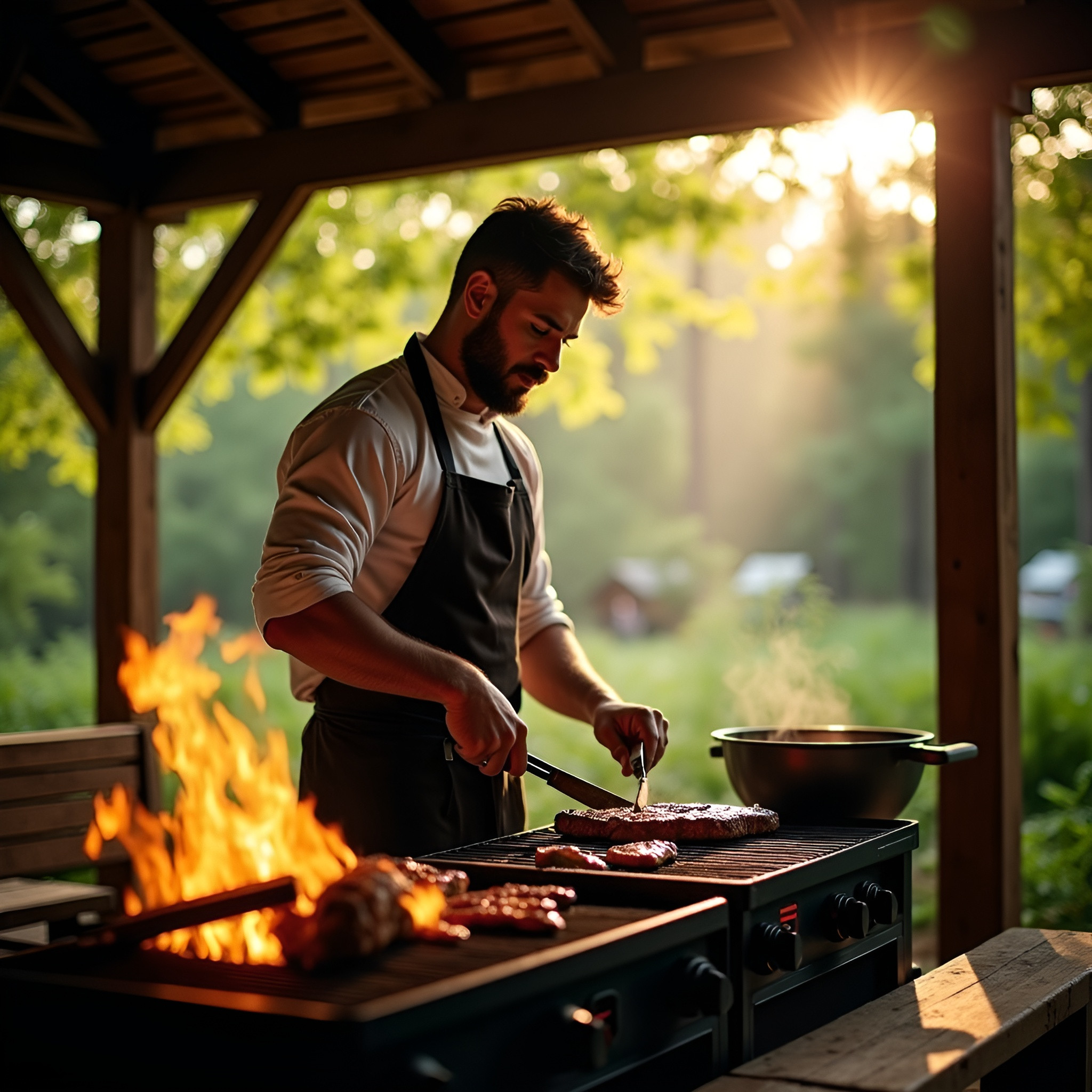 Handsome male chef cooking out at a campout in a rus...