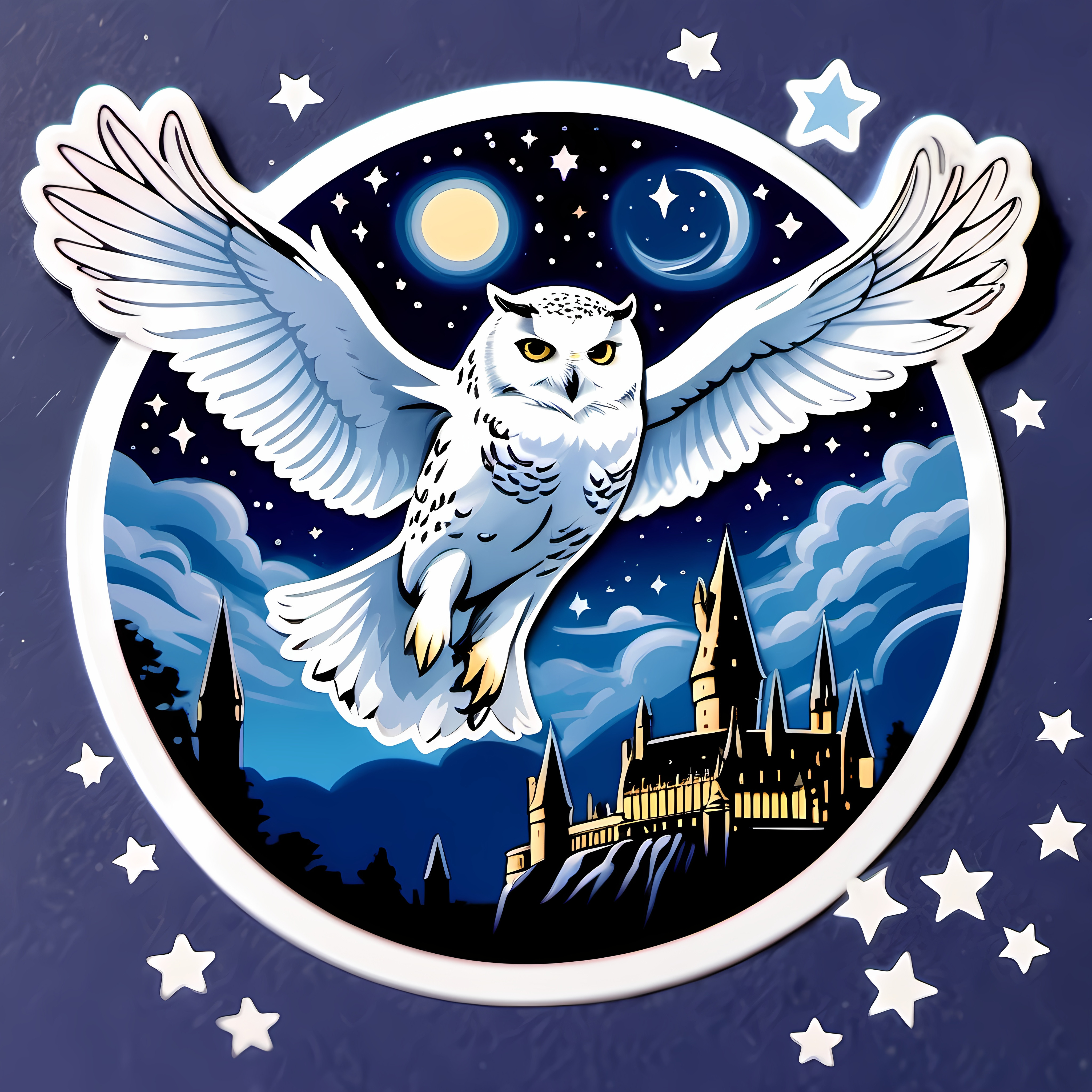 Hedwig flying and behind it is Hogwarts Tower and it...