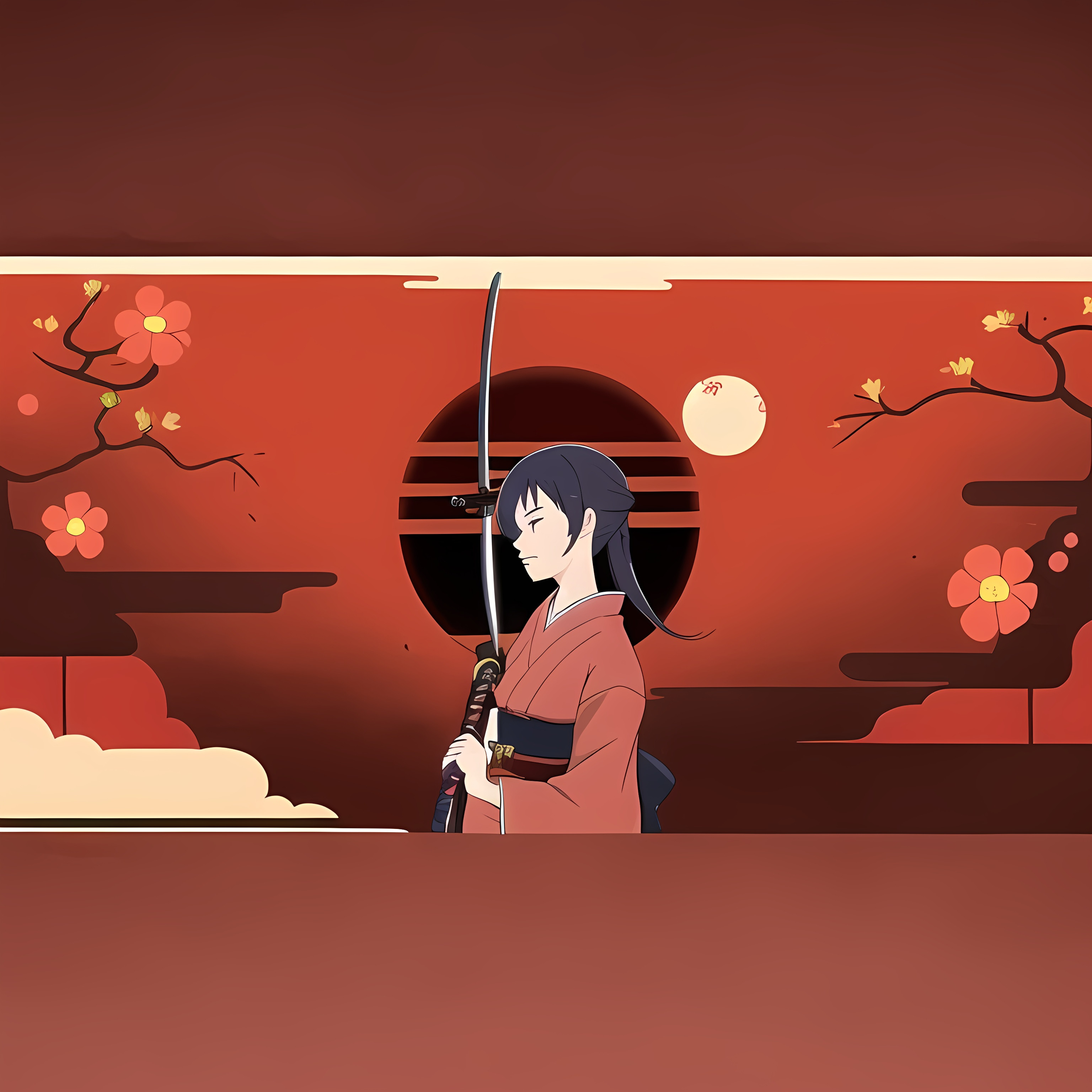Japanese, style, katana,girl, red sun, flowers