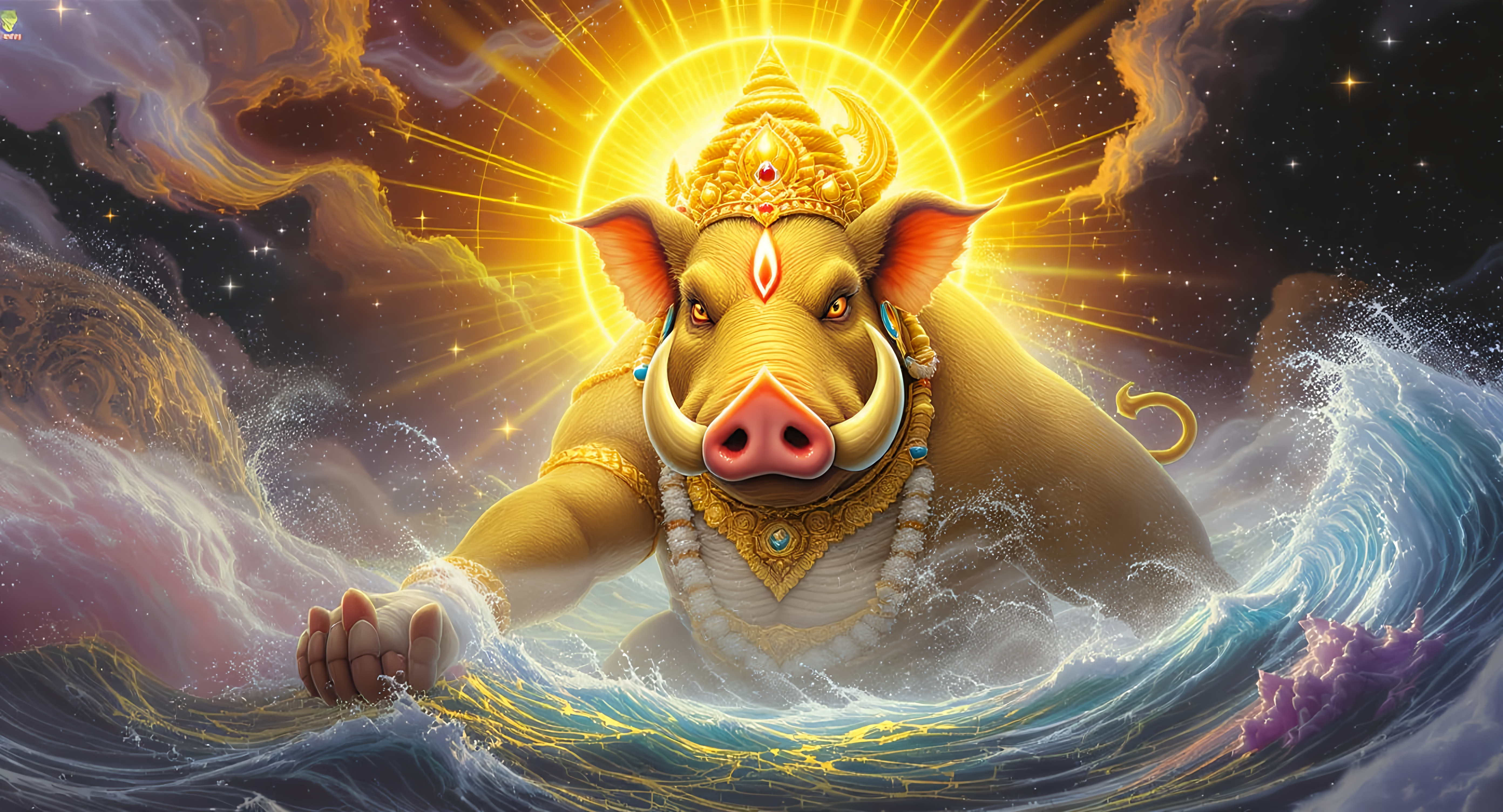 Lord Vishnu's Varaha Avatar is depicted as a colossa...