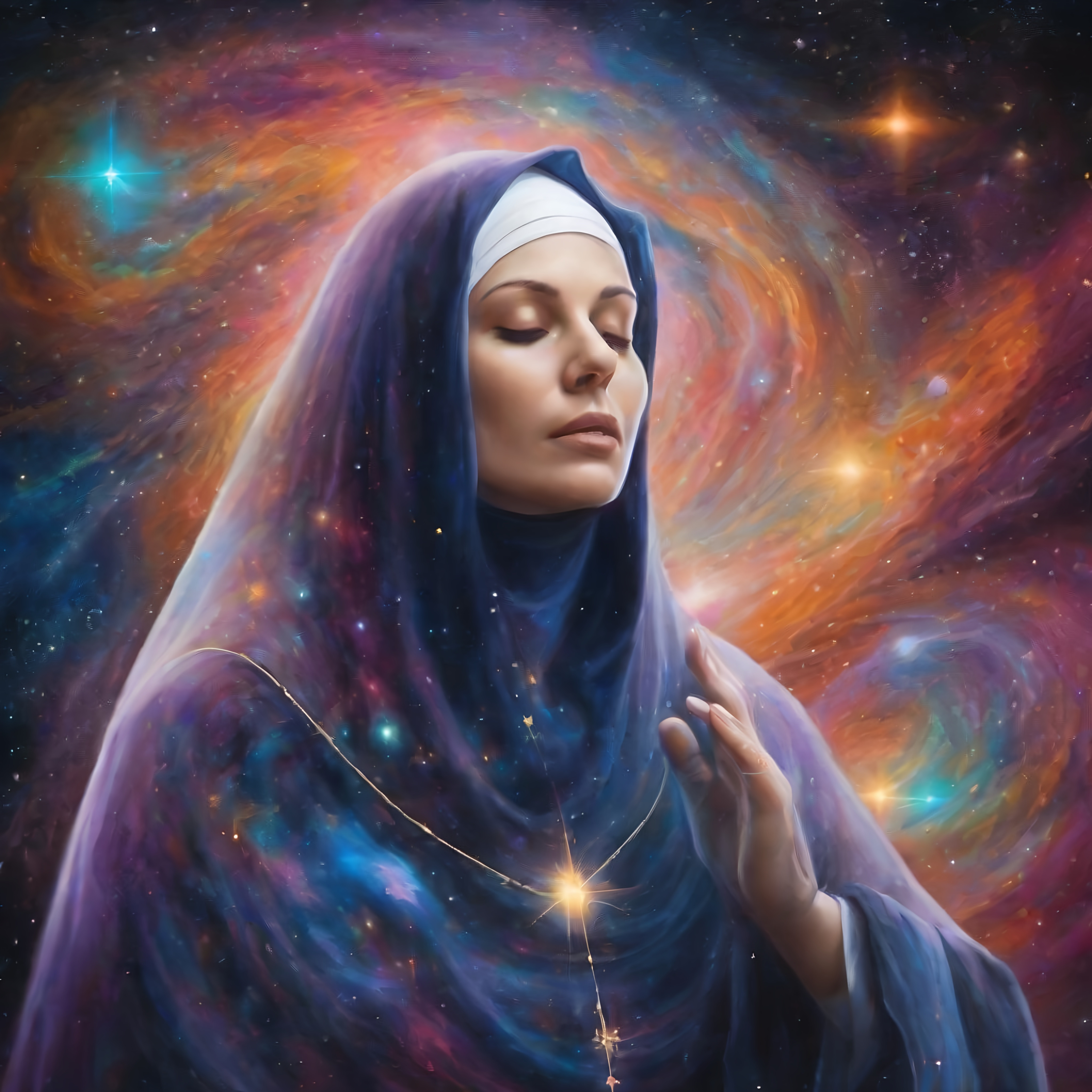 Nun exhaling galaxies and stars, cosmic art medium,... | OpenArt