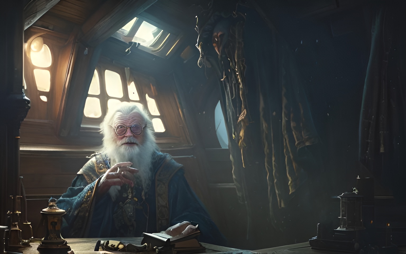 old wizard sitting in the deck of a galeon, night, l...