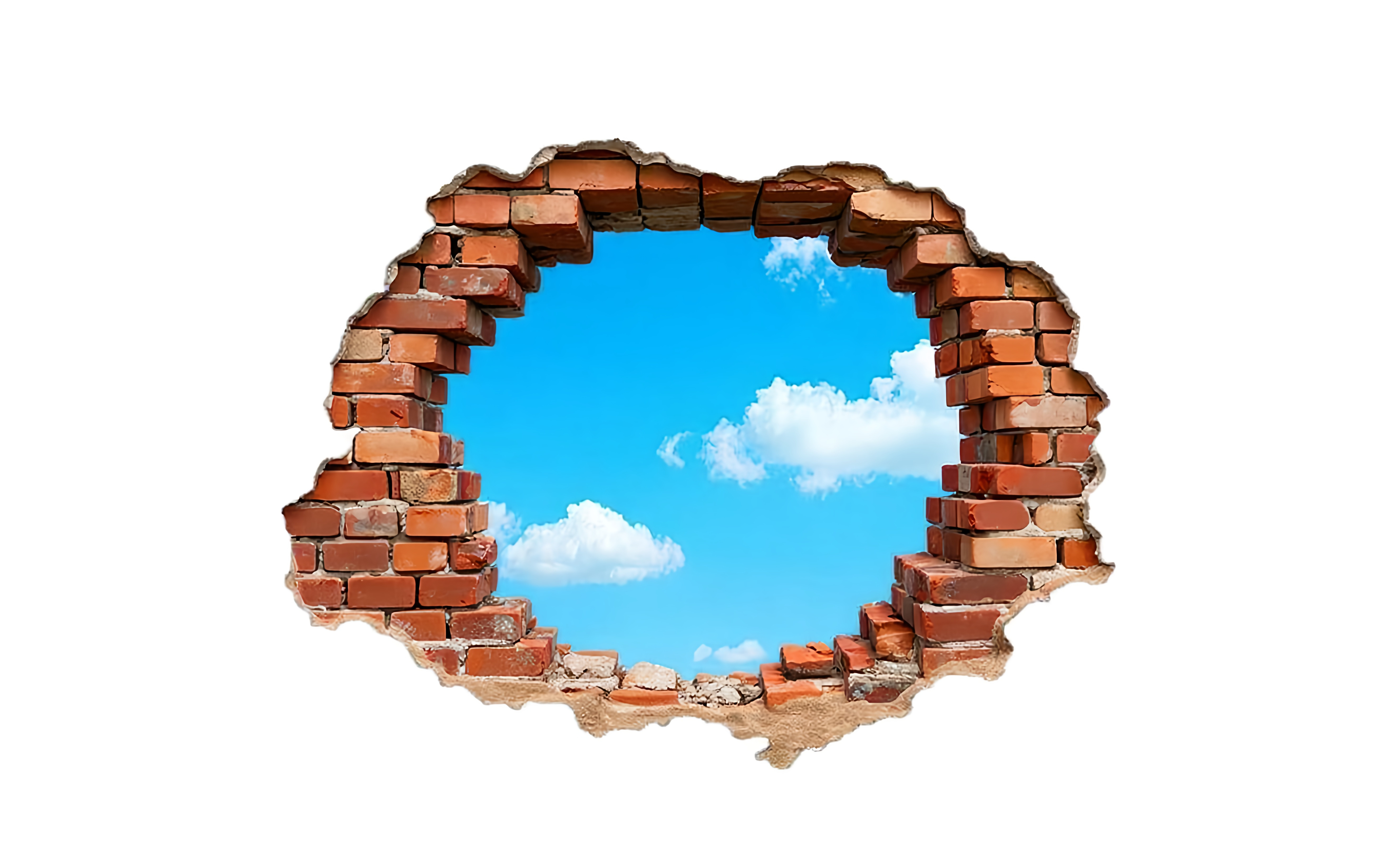 Small hole in rendered brick wall revealing blue clo...